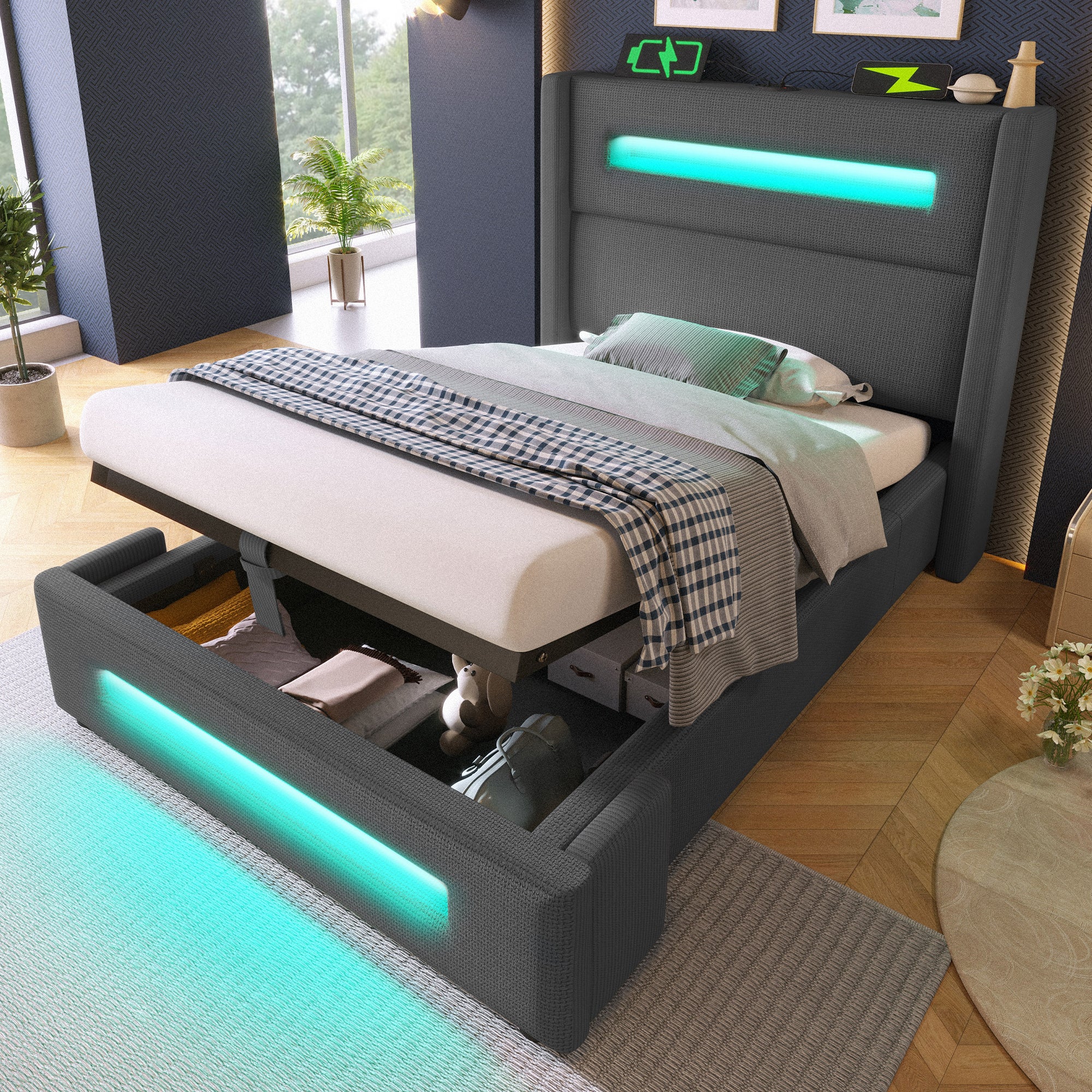 Lit simple enfant 90x200 cm - avec éclairage LED - avec coffre ...