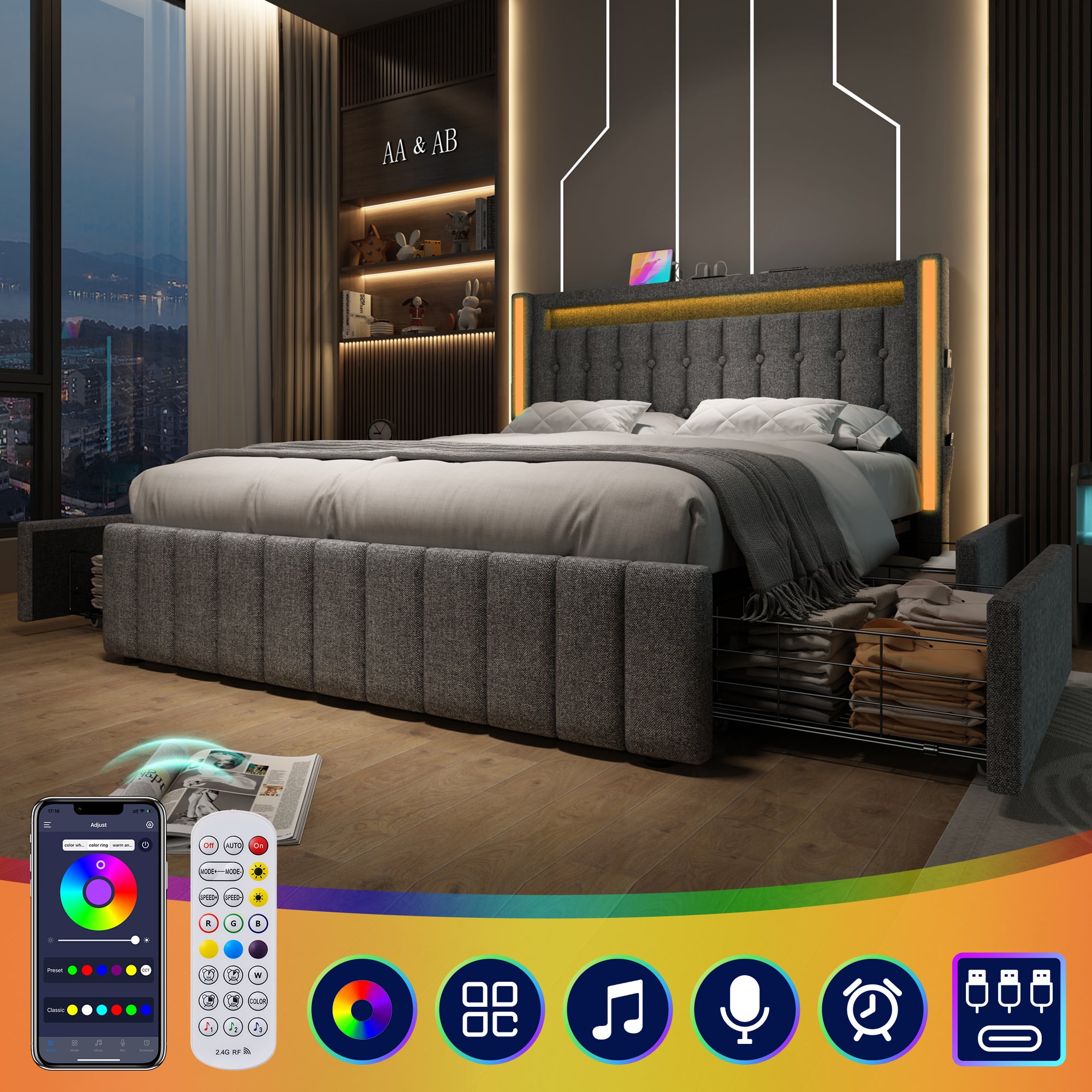 Cama tapizada Función de carga USB Tipo C Iluminación LED y 4 cajones ...