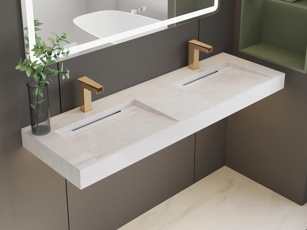 Doble lavabo suspendido efecto mármol blanco - KODIAK - Ancho 140.2 x ...