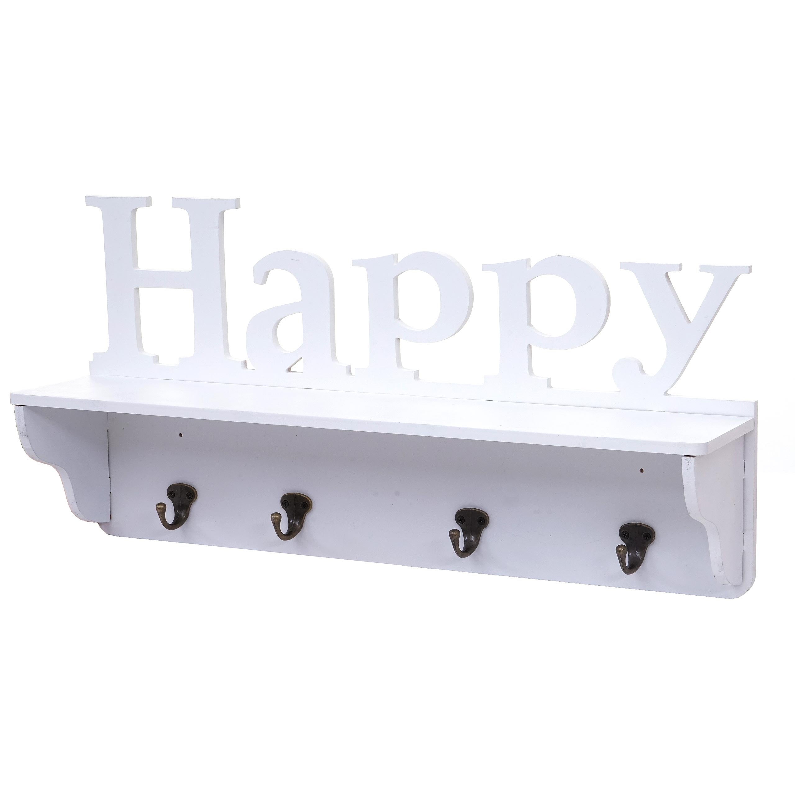 Perchero de pared Happy 4 ganchos 30x60x13cm en madera de pino blanco ...
