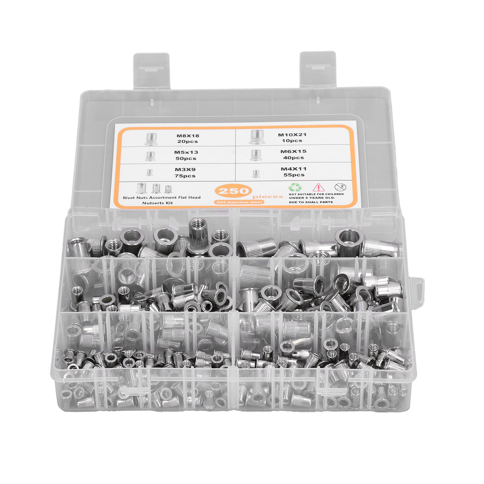 Kit d'assortiment d'écrous à rivets à tête plate en acier inoxydable 304, 250 pièces, M3 M4 M5 ...