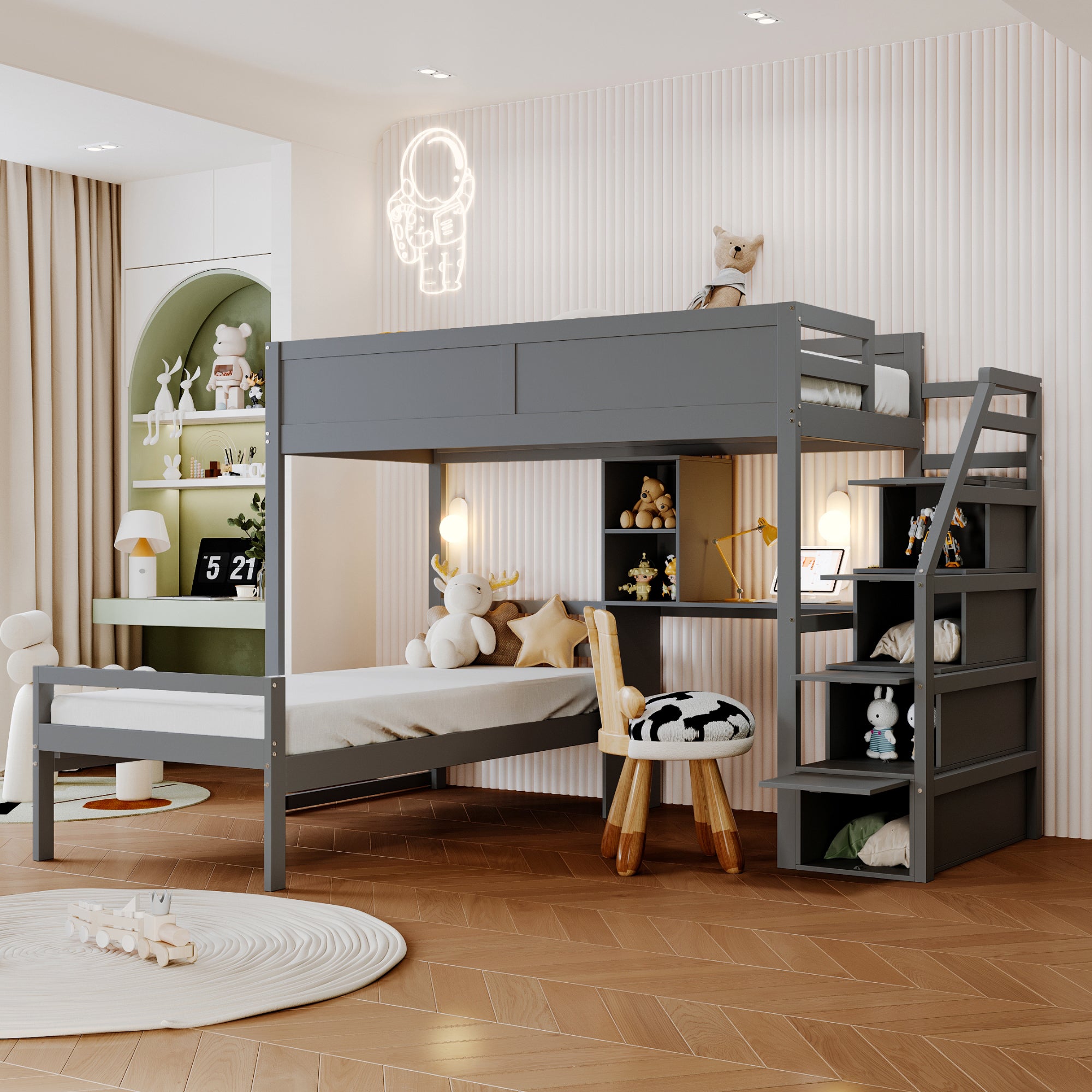 Lit superposé 90x200cm en bois massif - avec escalier de rangement et ...