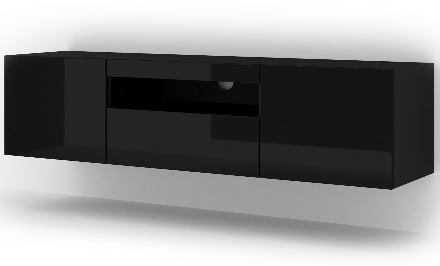 Meuble TV AURA 150 cm suspendu ou debout noir mat / noir brillant | Leroy Merlin