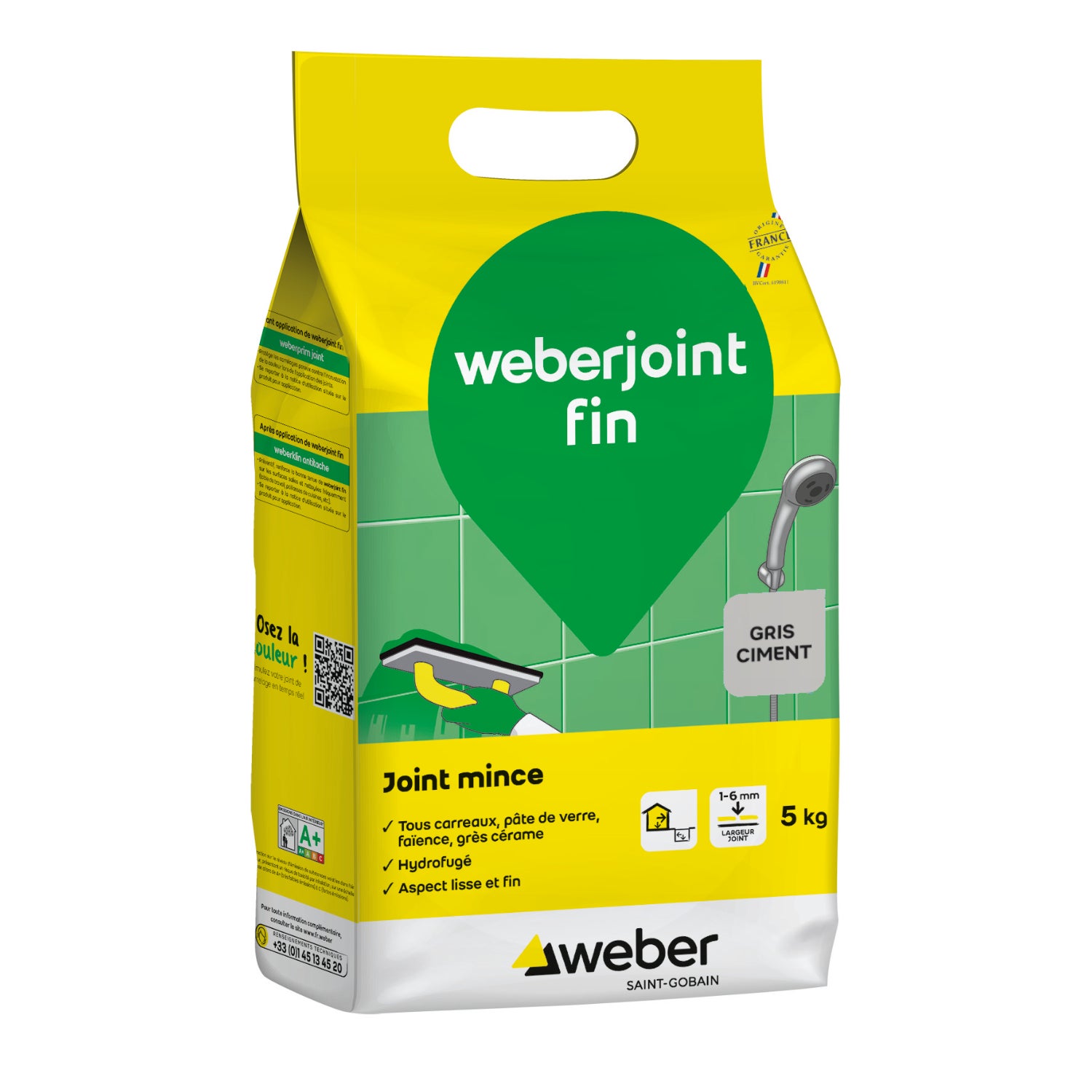 Joint mince carrelage sol et mur, Gris ciment, 5kg, mortier, Weberjoint ...