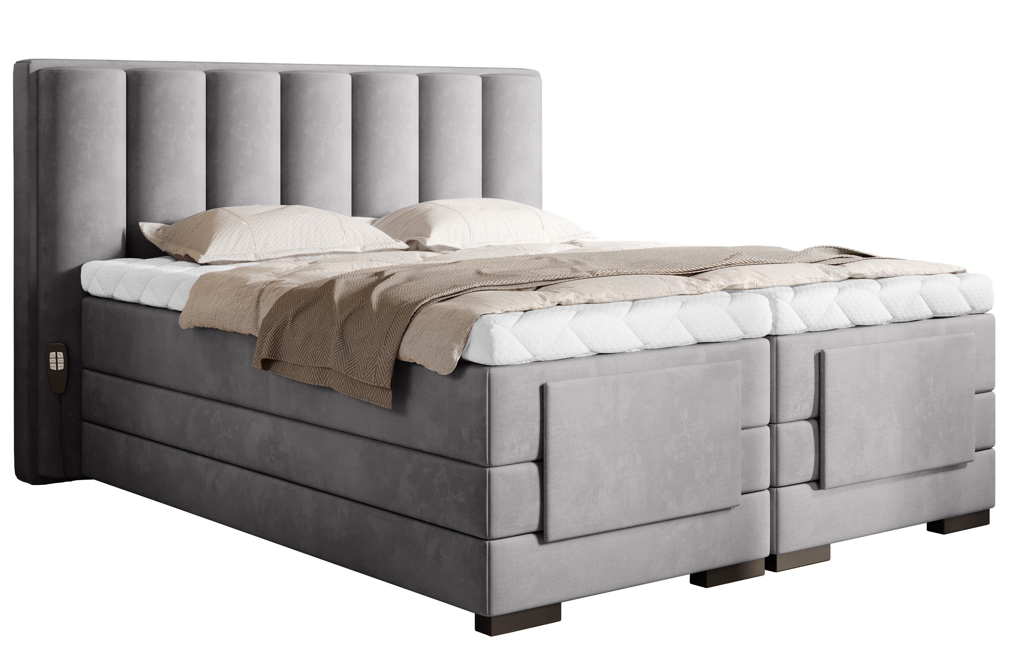 Lit boxspring électrique tissu gris clair avec matelas et surmatelas ...