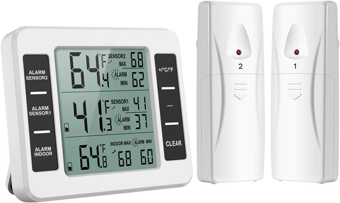 Refrigerator Thermometer, Wireless Digital Freezer Thermometer with 2 ...