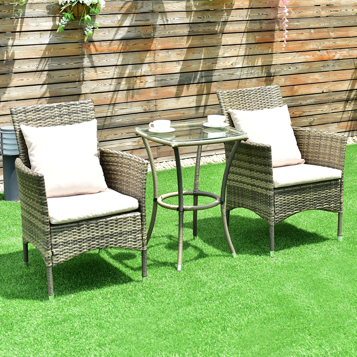 Salon de Jardin Résine Tressée Table 2 Chaises Coussins Oreillers ...