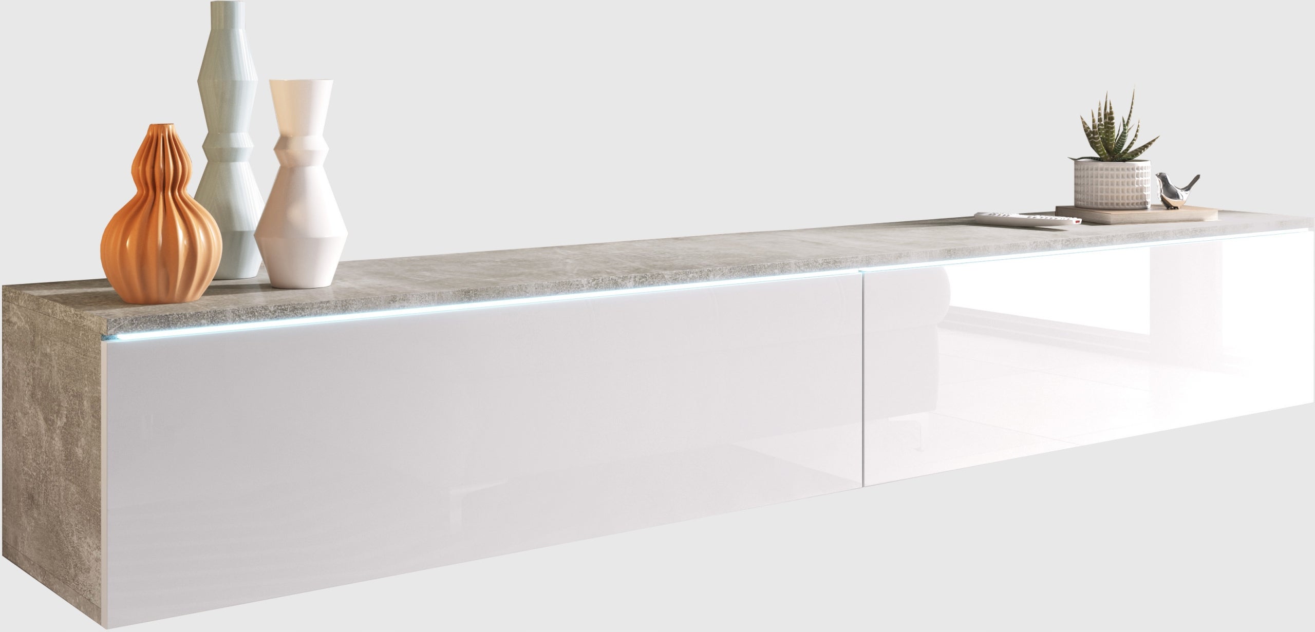 Meuble TV Lowboard D180 Béton smart/Blanc brillant, Nombre de portes ...