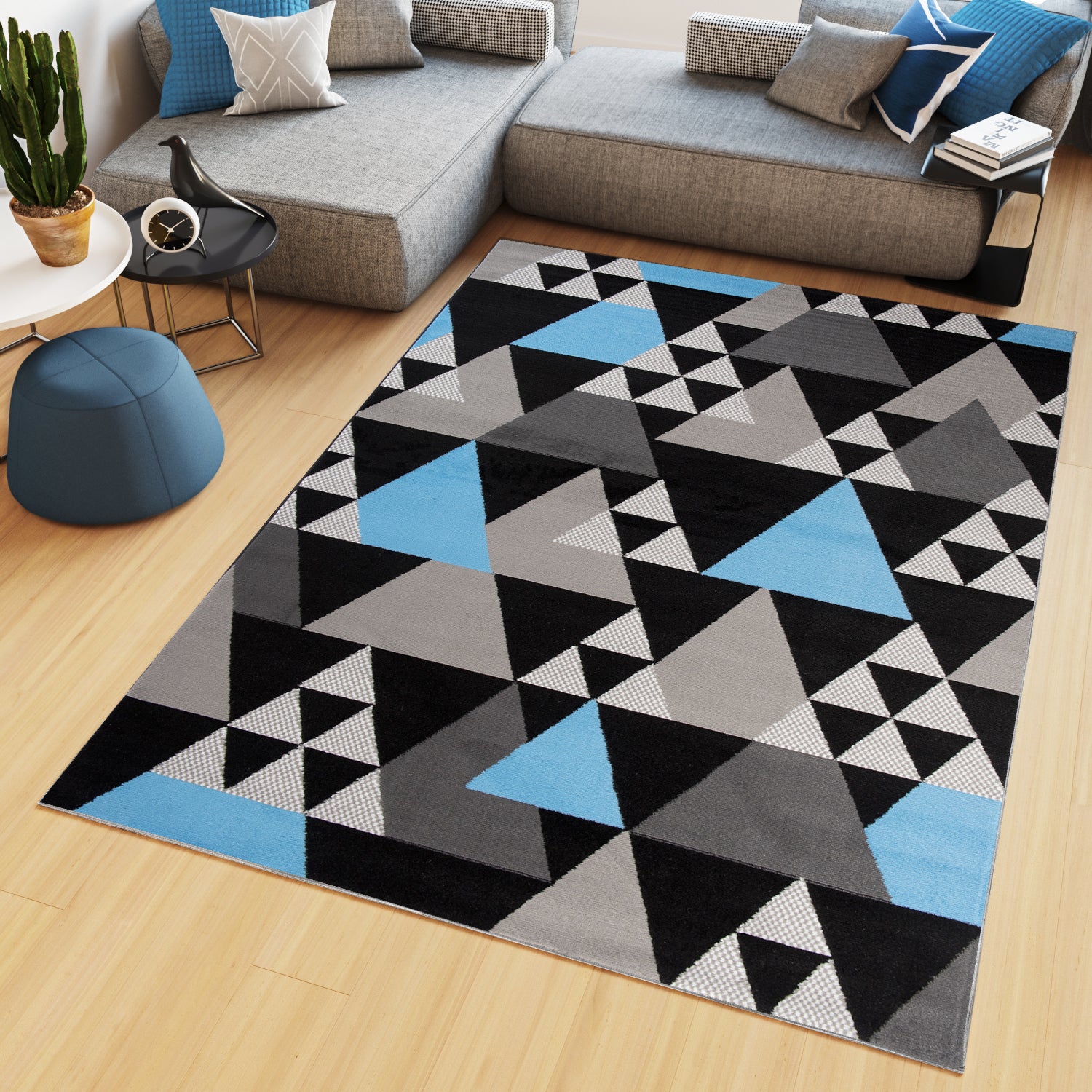TAPISO Maya Tapis Salon Bleu Gris Noir Triangles Géométrique Mosaïque ...