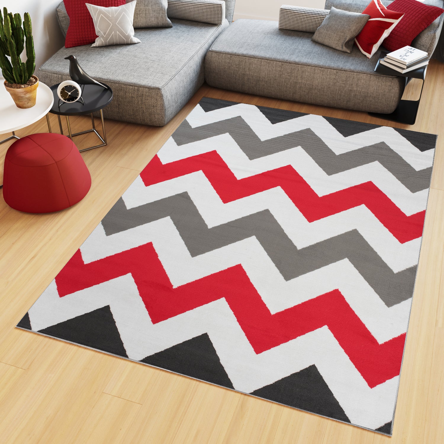 TAPISO Maya Tapis Salon Rouge Gris Blanc Noir Zigzags Géométrique Fin ...