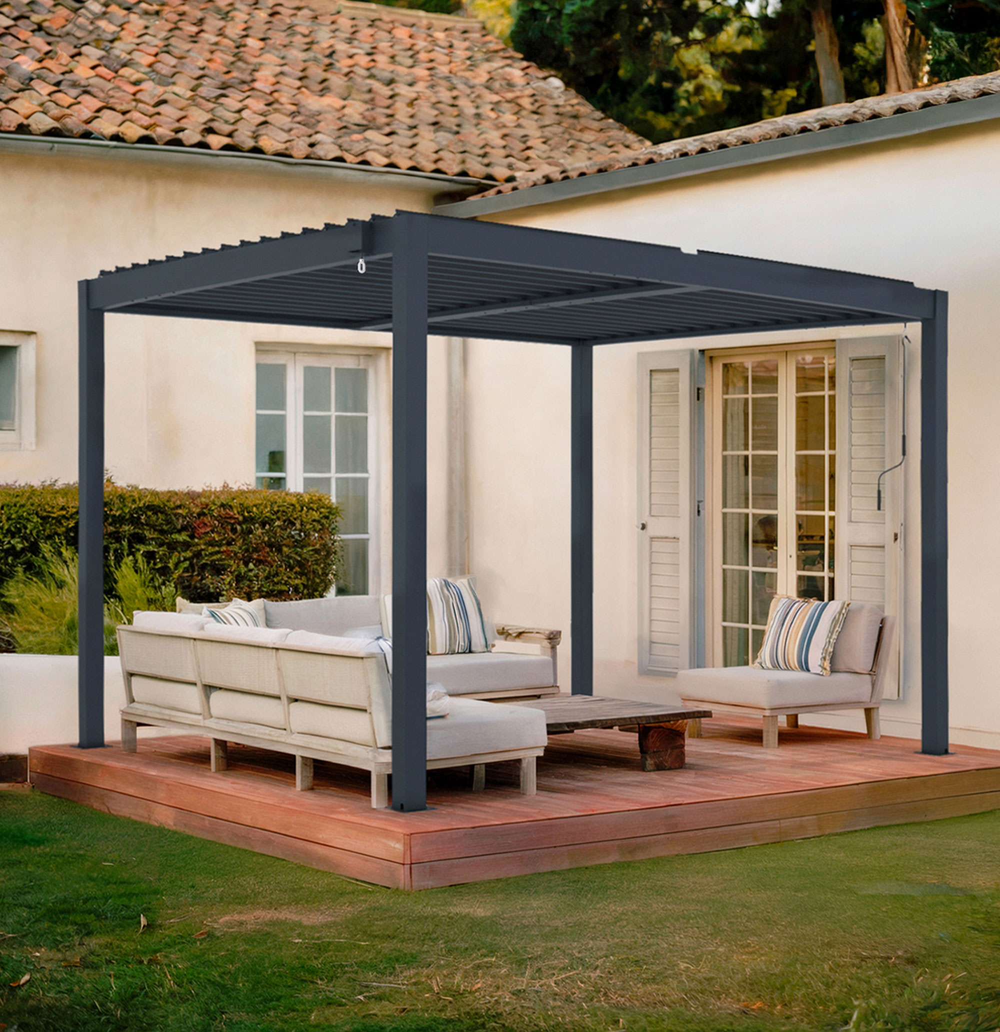 Pergola bioclimatique autoportée PIANA 3x2,5m aluminium gris - lames ...