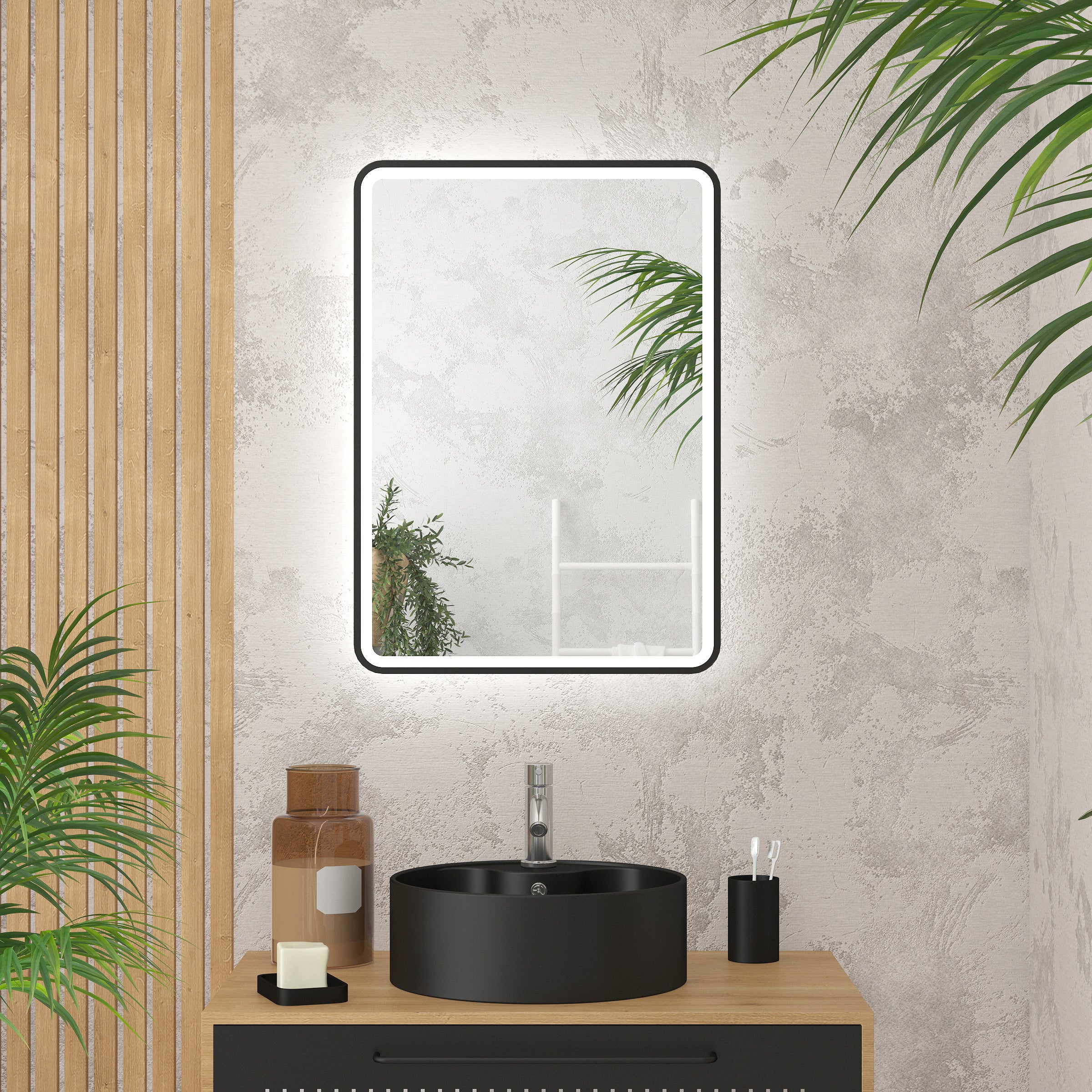 Miroir salle de bain avec eclairage LED et contour noir - 50x70cm - GO ...