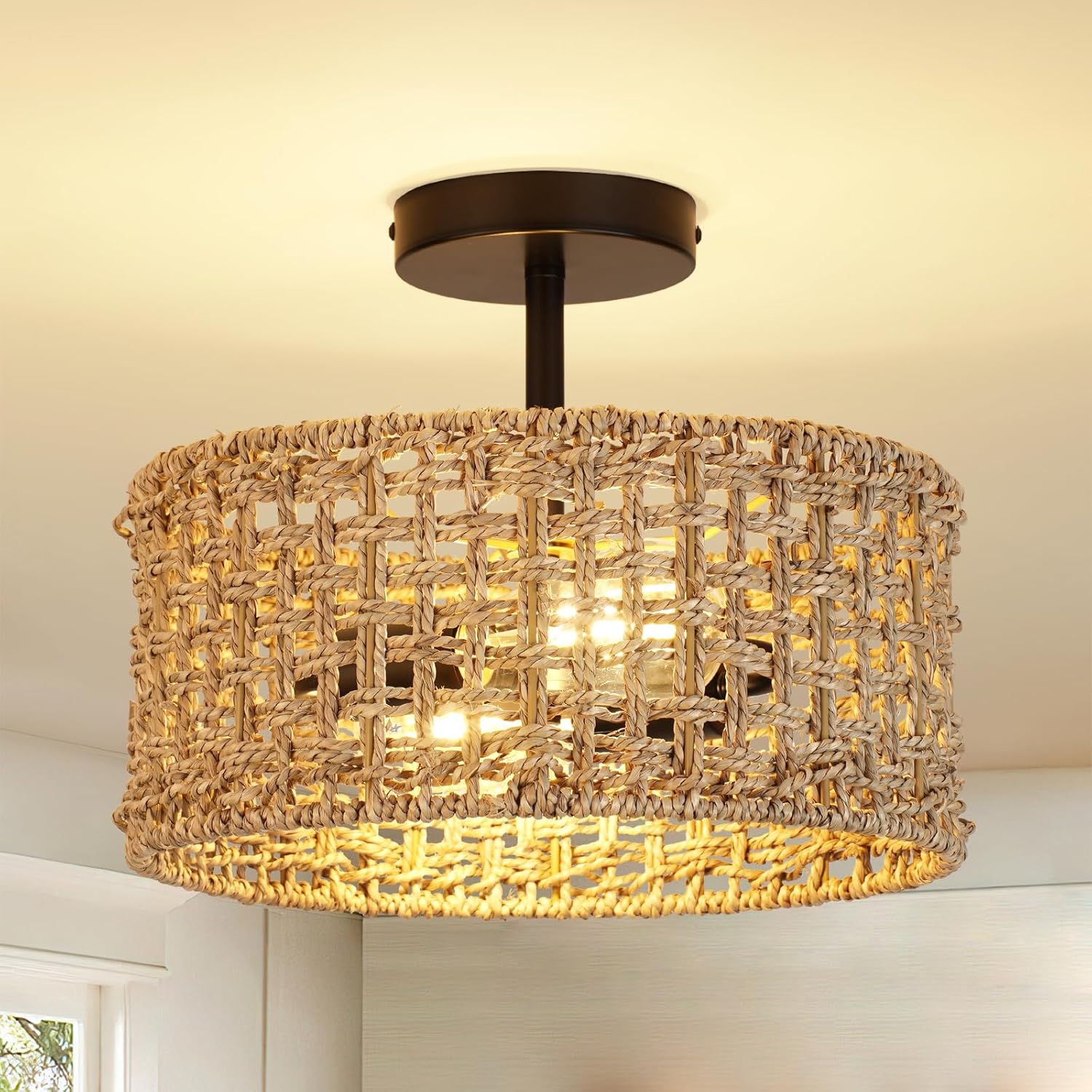 Plafonnier Moderne en Rotin Tressé Simia - Ø30cm, Lustre Bohème pour ...