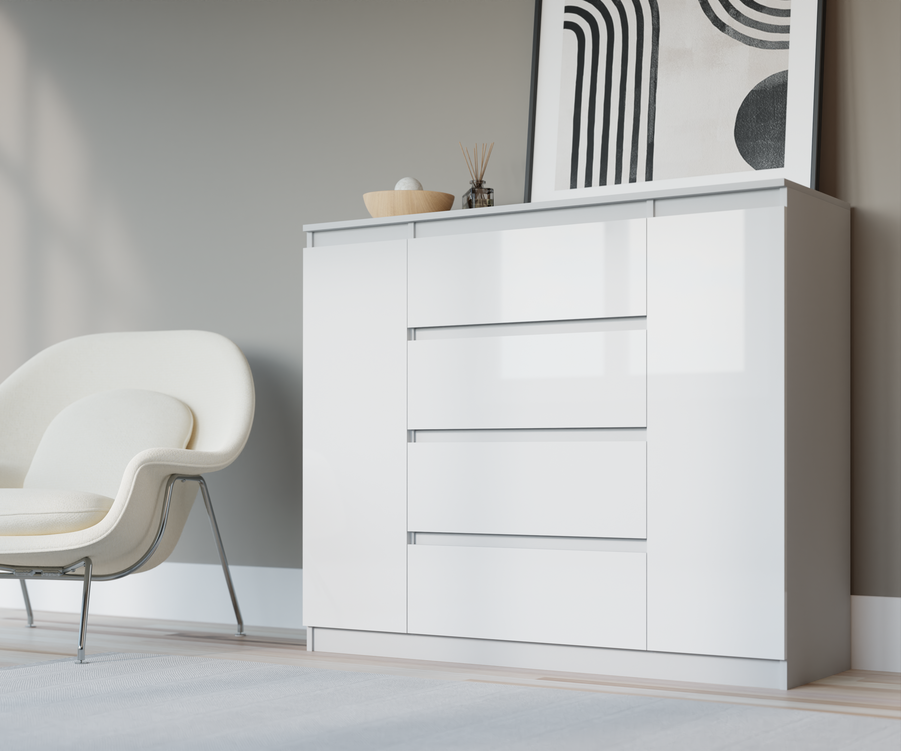 Commode, blanc / blanc brillant, 120 x 39 x 101 cm, 2 Portes, 4 Tiroirs ...