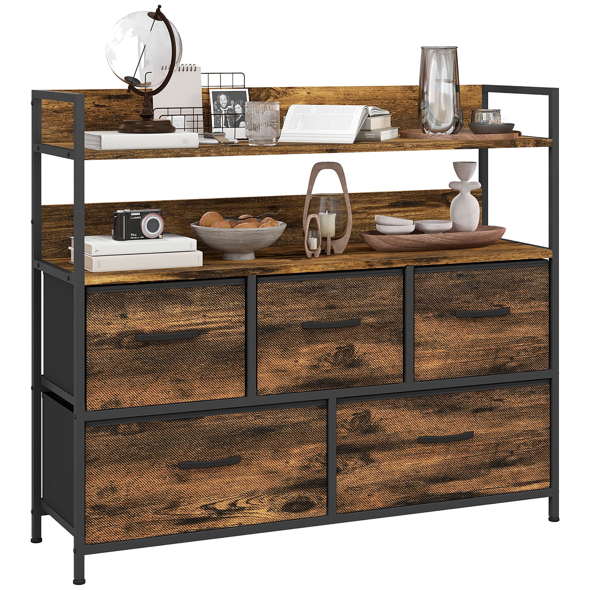 Commode, meuble rangement, 5 tiroirs en tissu pliables et amovibles et ...