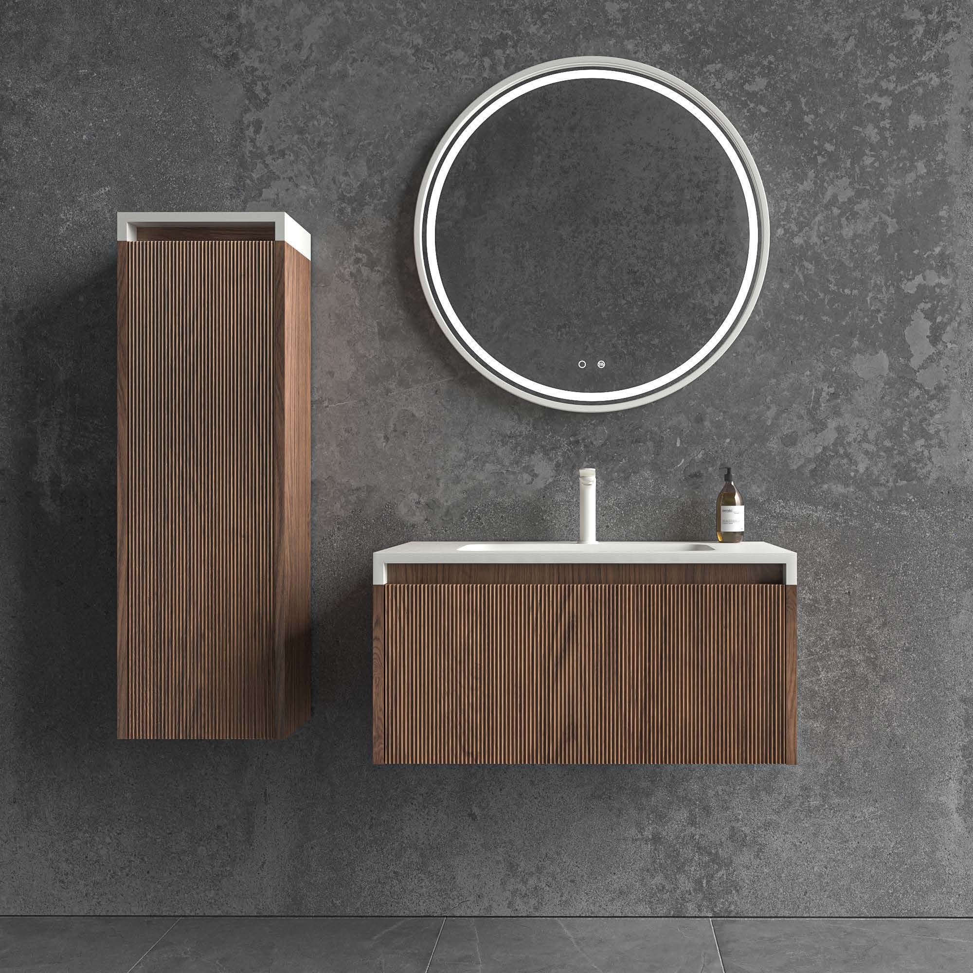 Meuble de salle de bain suspendu 1 tiroir bois de bouleau rainuré avec lavabo solid surface ...