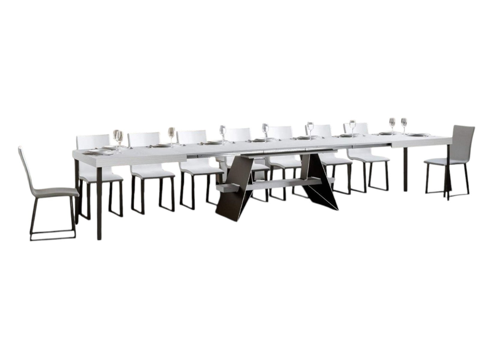 Grande table à rallonges bois blanc et pieds acier gris foncé 8 à 20 ...