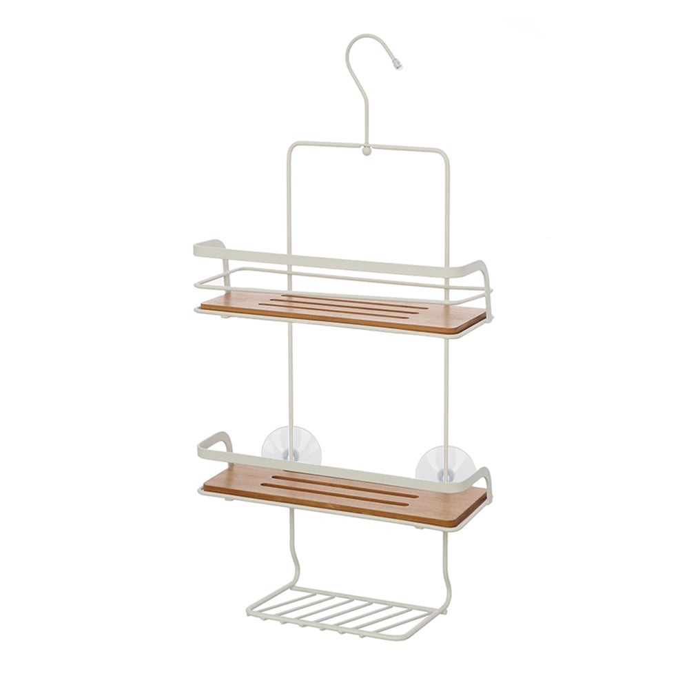 Tablette de douche en acier blanc et bambou avec crochet et étagères ...