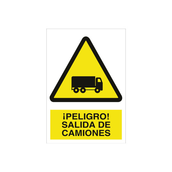 Señal advertencia ¡Peligro! salida de camiones (texto y pictograma ...