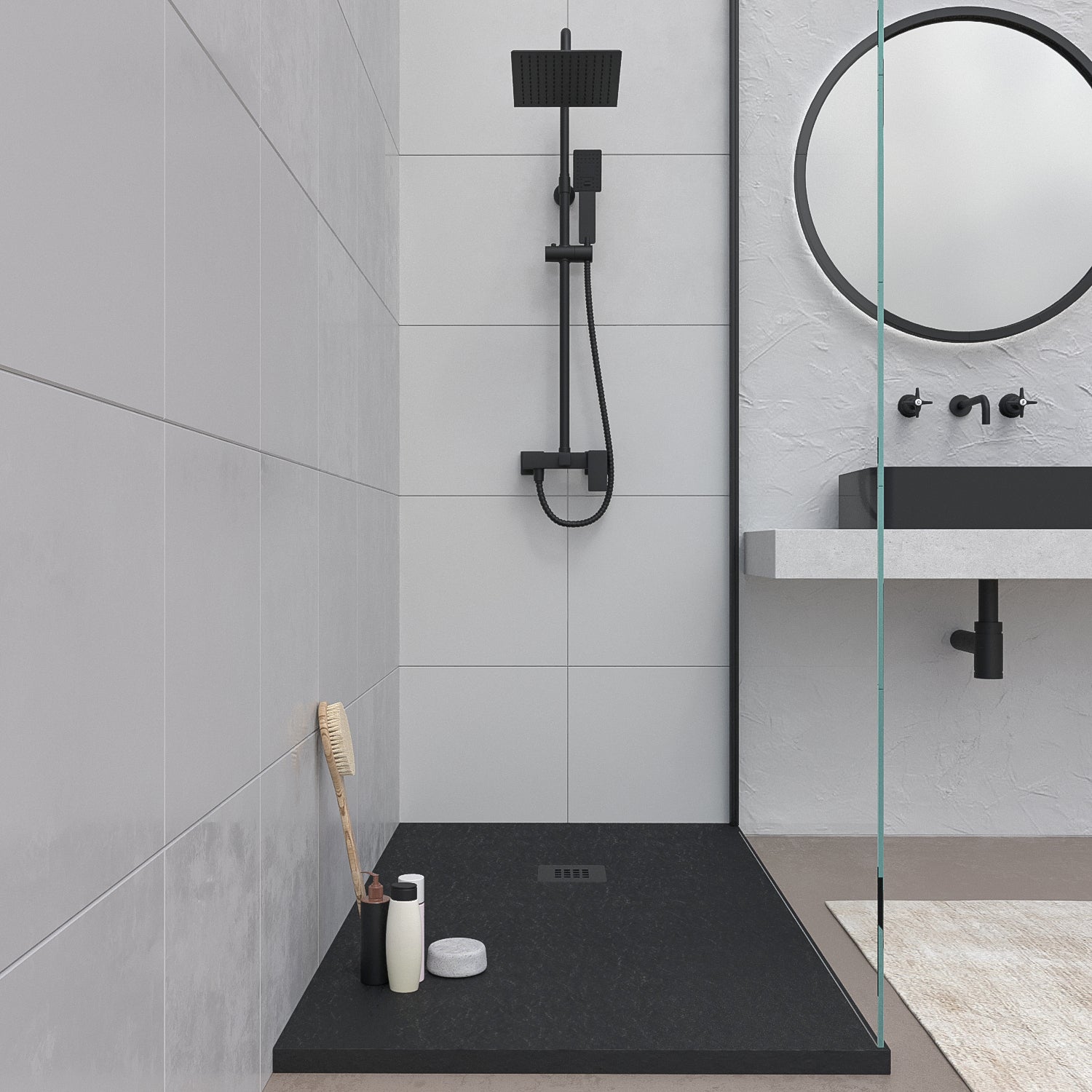 Plato ducha resina MYSTONE Negro RAL 9005 textura pizarra ...