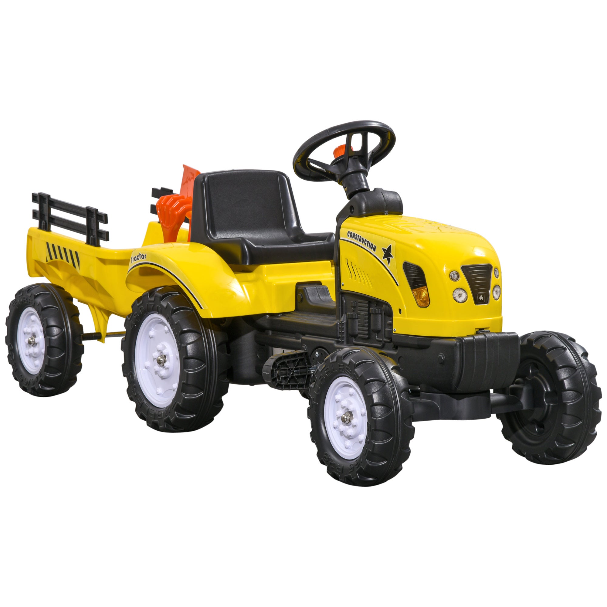 Porteur tracteur enfant jaune 3+ans avec remorque râteau pelle pédales ...
