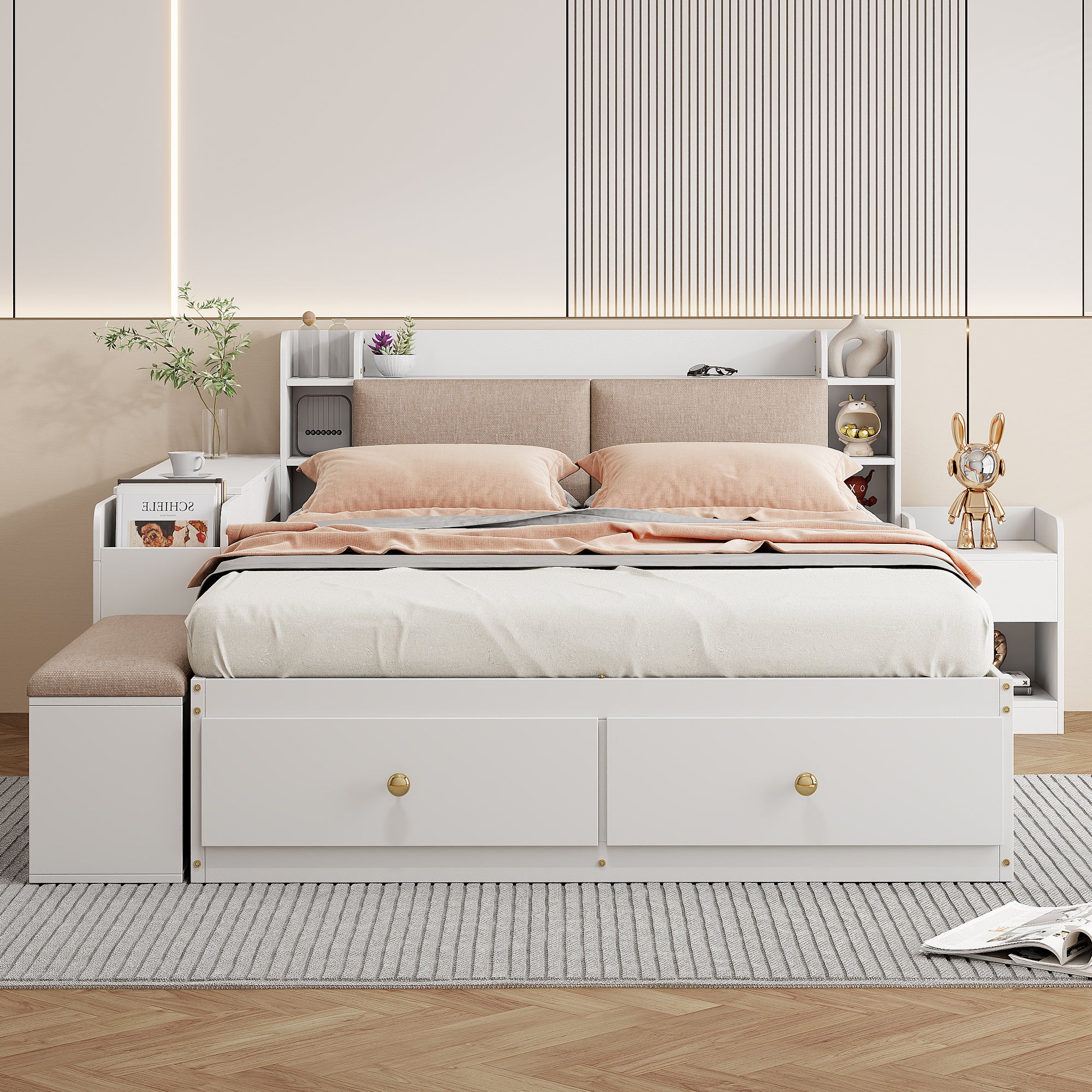 Lit double en bois massif 140x200cm - avec tiroirs et tabouret de ...