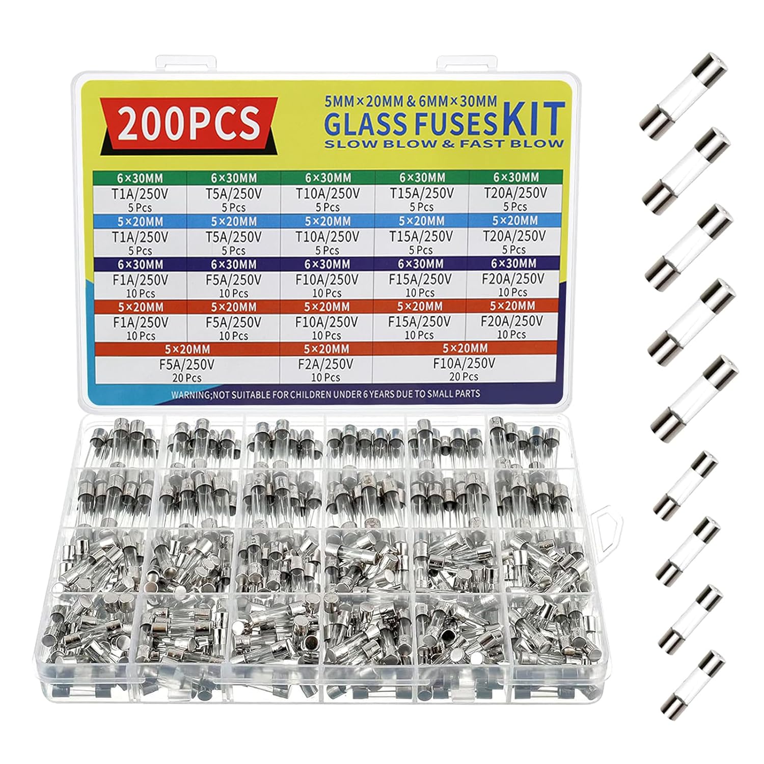 Paquete de 200 fusibles de vidrio, 250 V – 5x20 mm y 6x30 mm – 21 ...