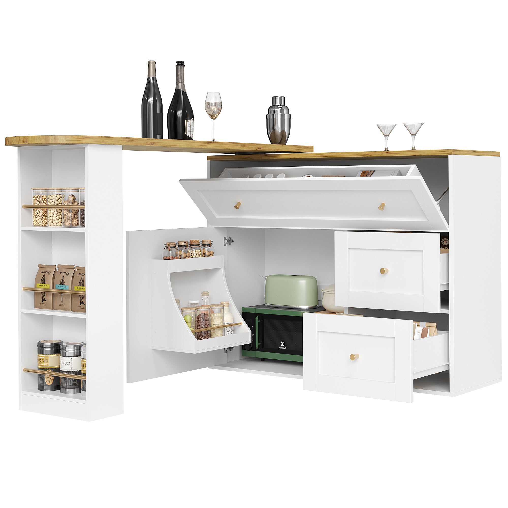 Mueble bar giratorio 138-204x39x105cm telescópico estantes snacks ...