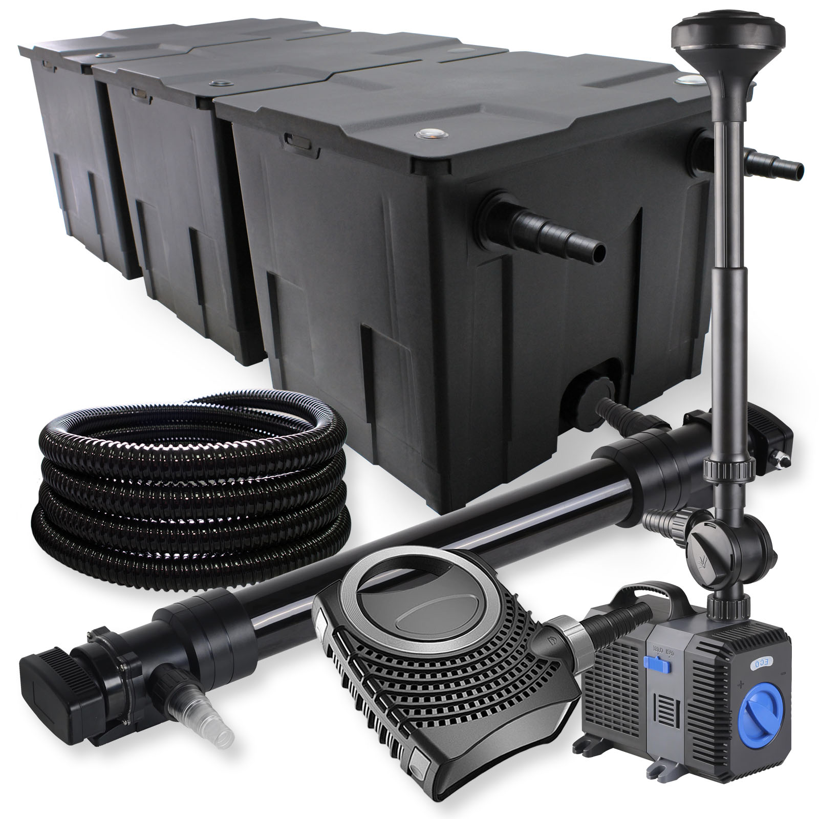 Set Filtro a 3 camere SunSun 90000l Chiarificatore UVC 72W Pompa ...