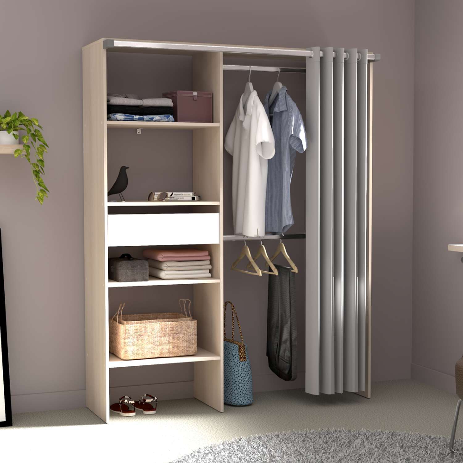 Dressing avec rideau, 4 étagères, 2 penderies et un tiroir bois et ...