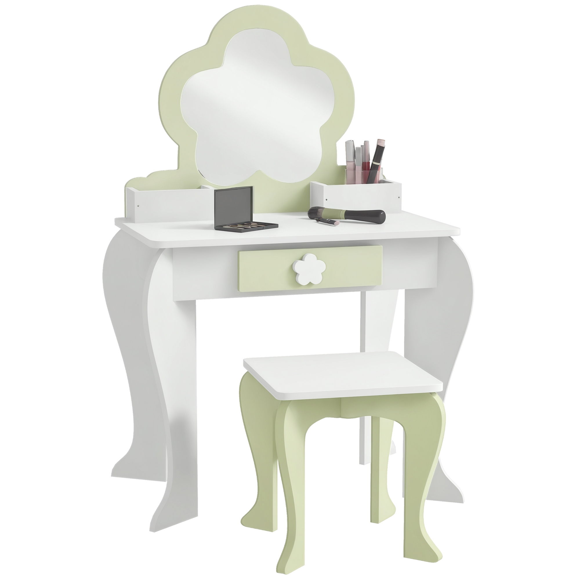 Kids Vanity Table with Mirror and Stool, Drawer, Storage Boxes, Flower ...