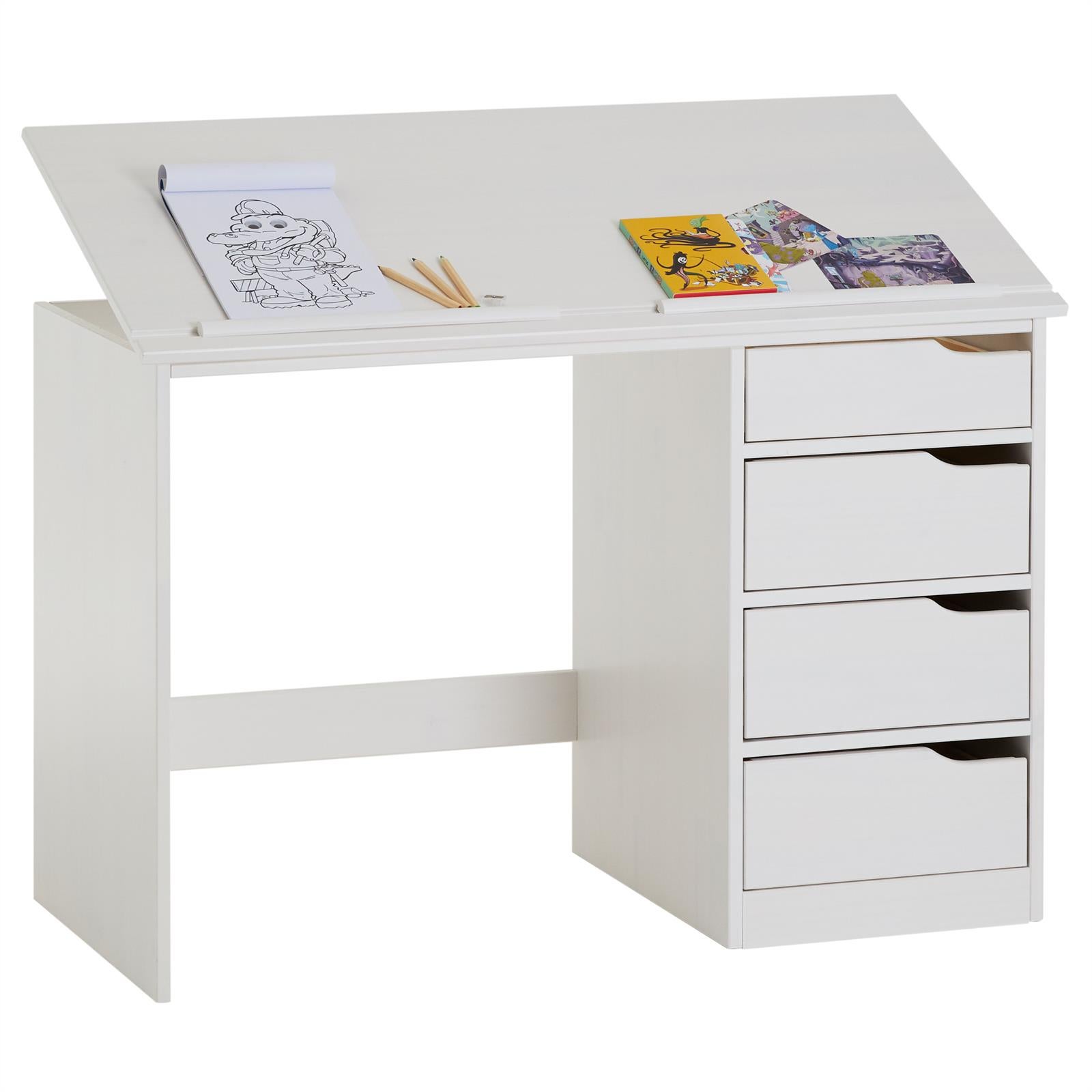 Bureau enfant EMMA, en pin massif, 4 tiroirs et plateau inclinable ...