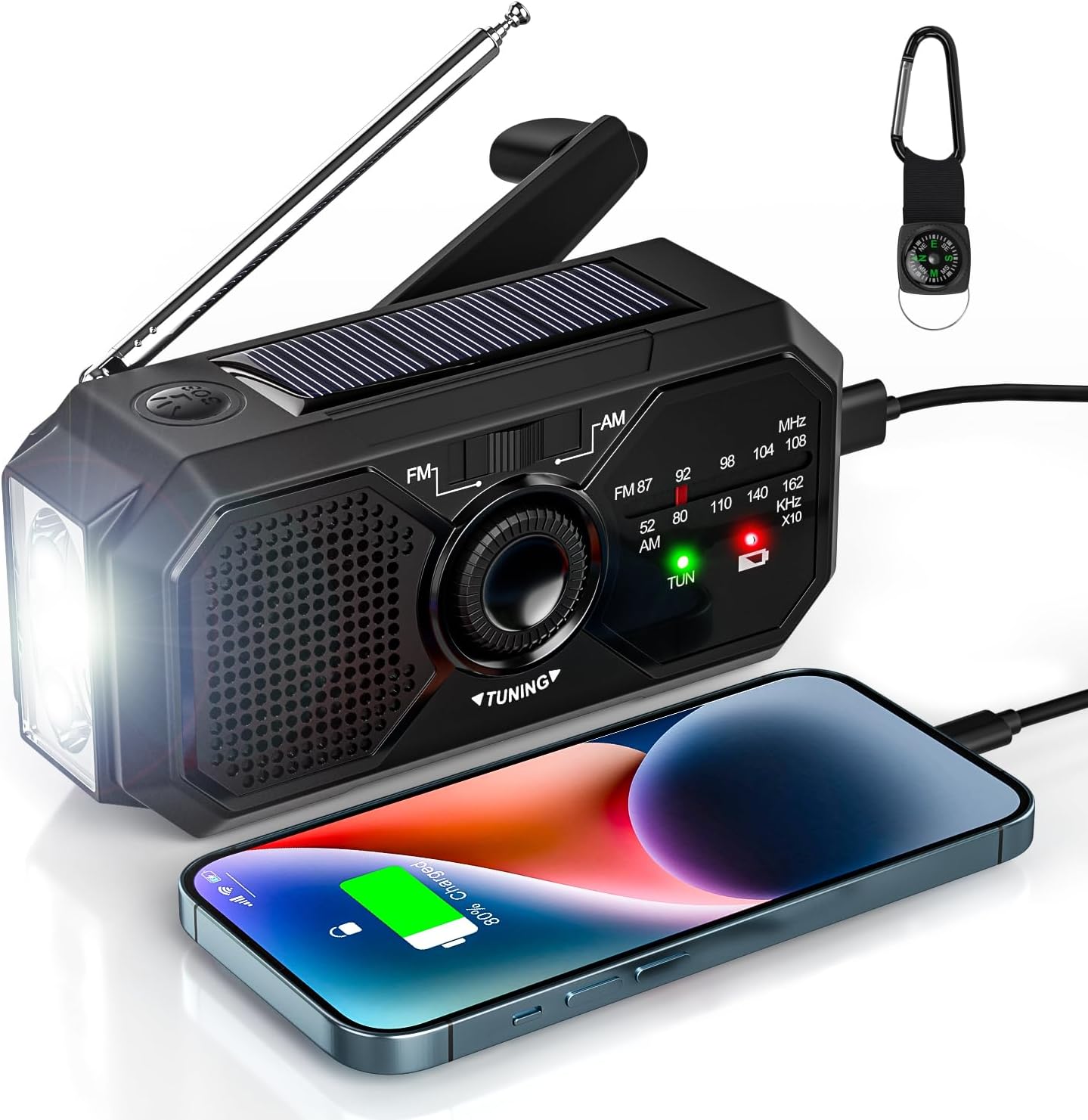 Radio Portable Manivelle Radio Solaire Survie AM/FM Petit Dynamo USB-C ...