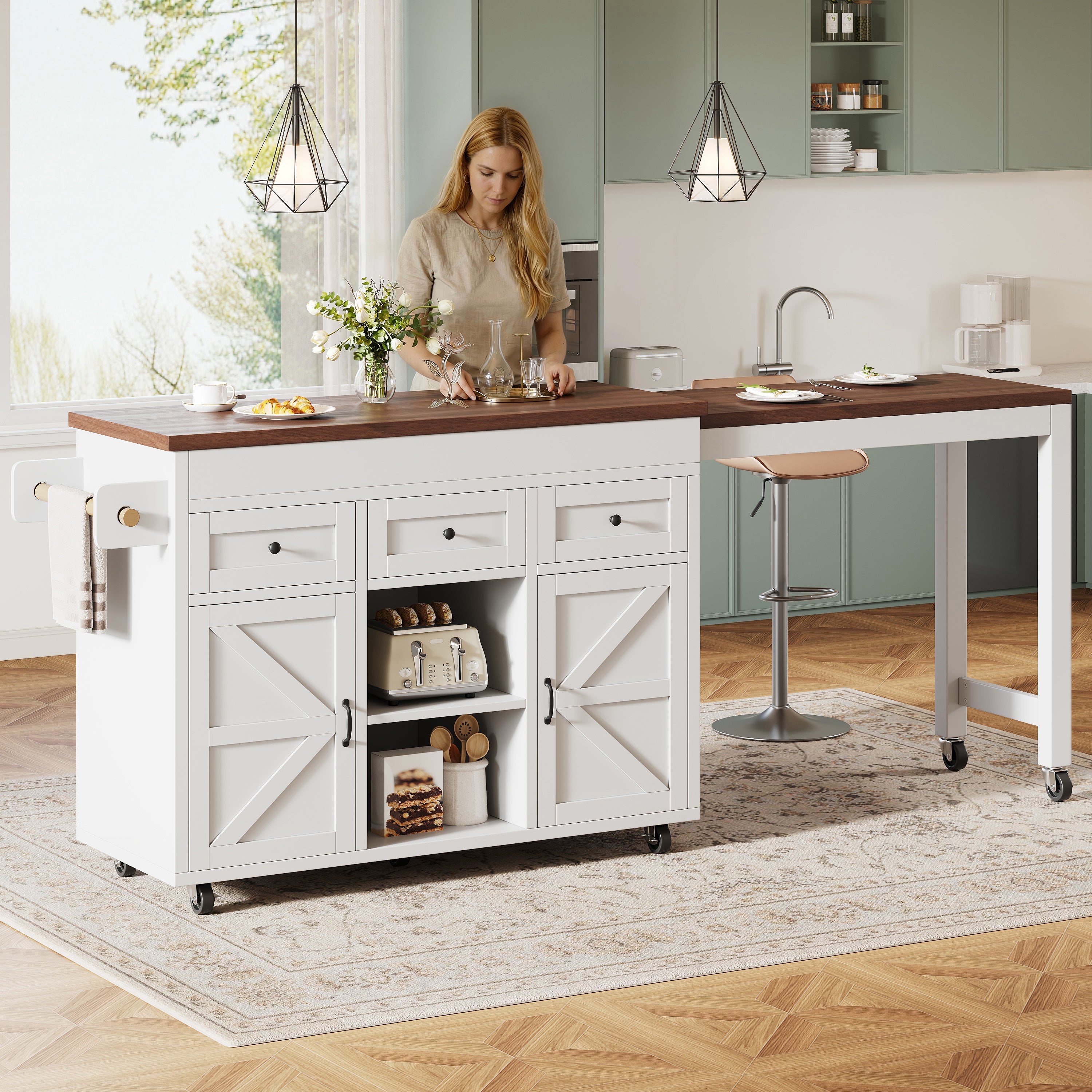 Table de bar mobile extensible ,Plateau pivotant 360° avec rangements ...