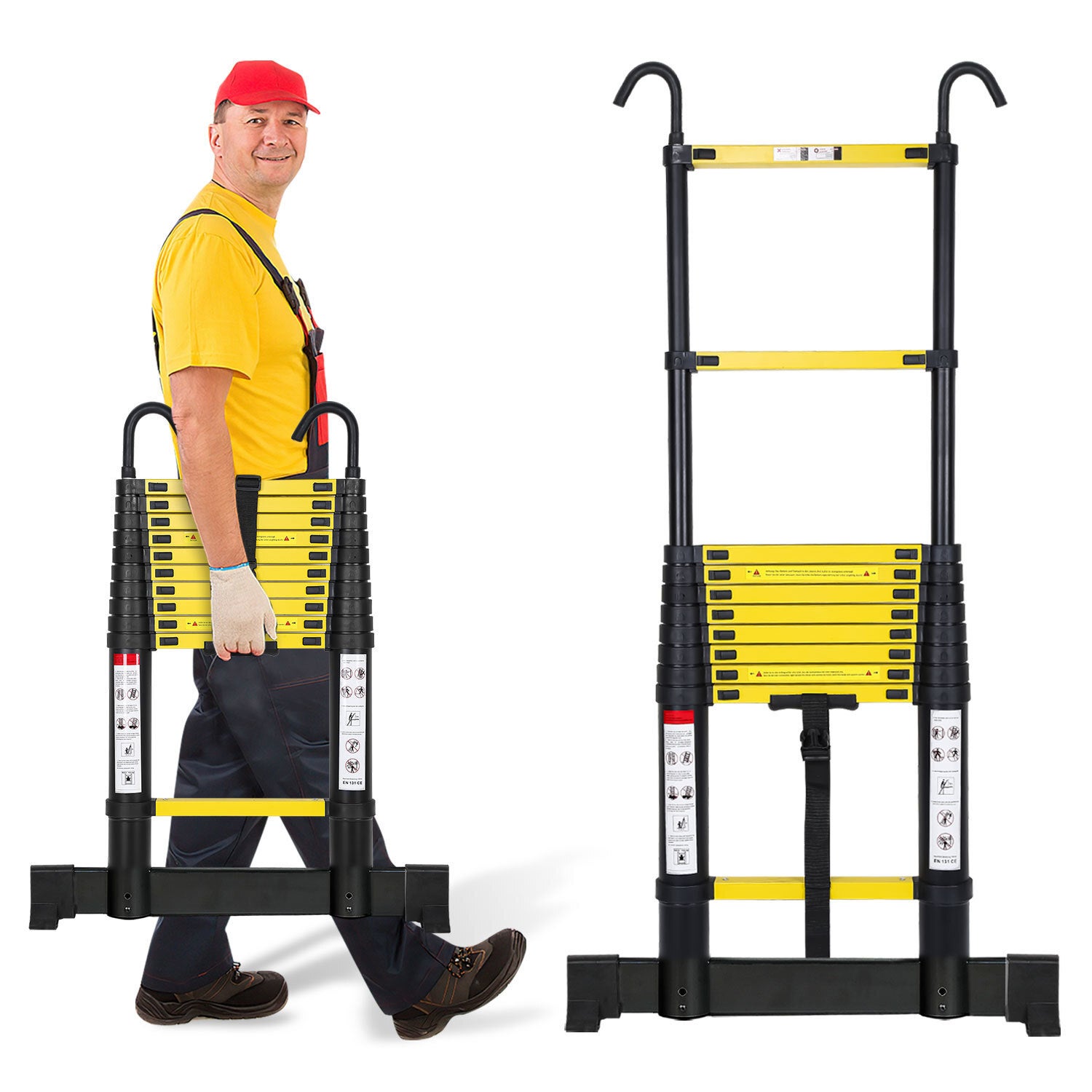 Échelle télescopique Premium 3,2m noire avec stabilisateur et crochets ...