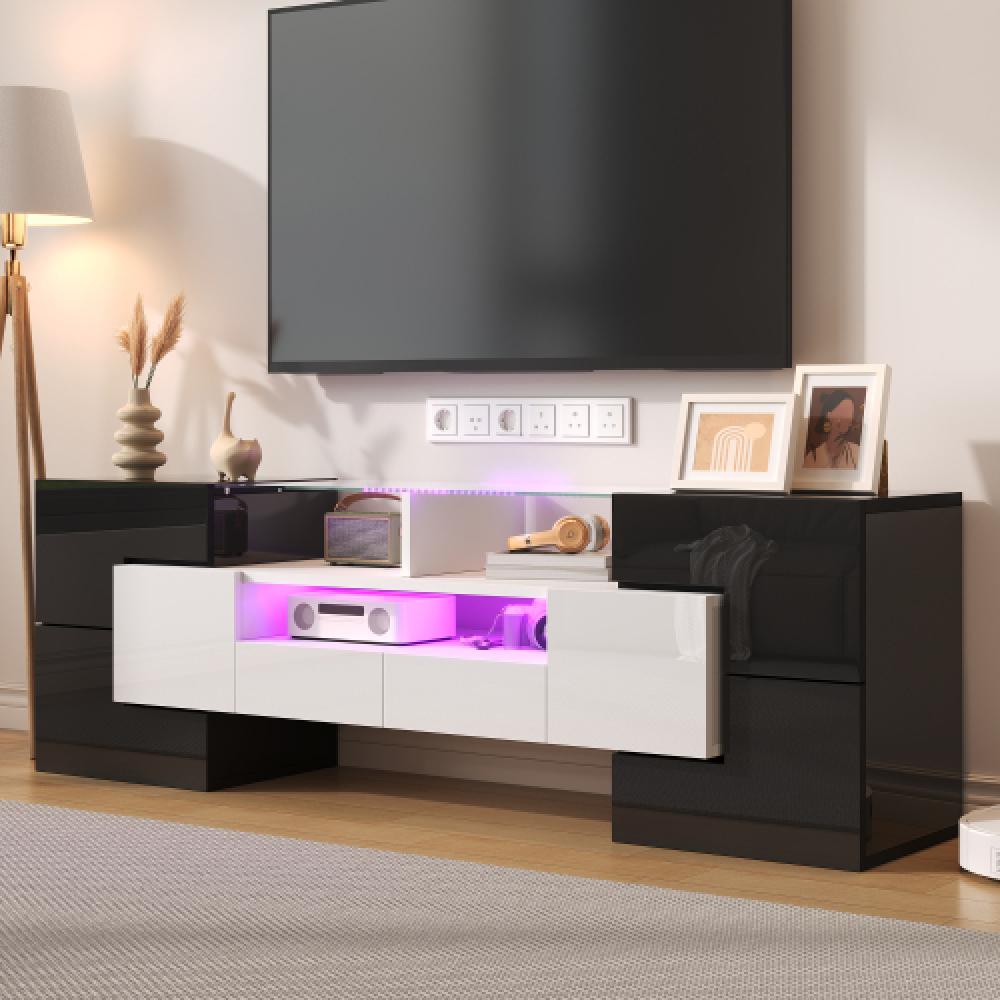 Mueble TV blanco alto brillo 145 cm, mueble salón moderno con LED y ...