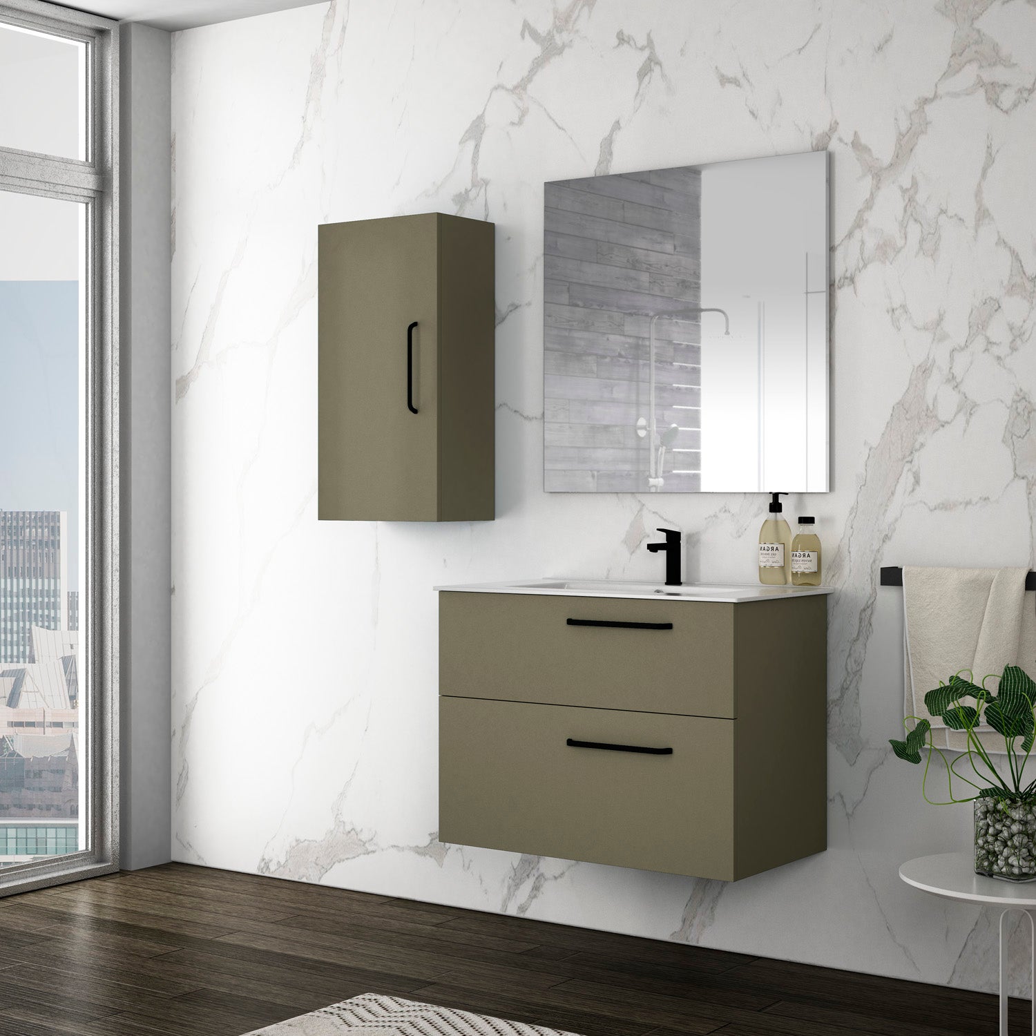 Mueble de Baño suspendido con tapa y Lavabo Cerámico y espejo | 100 cm ...