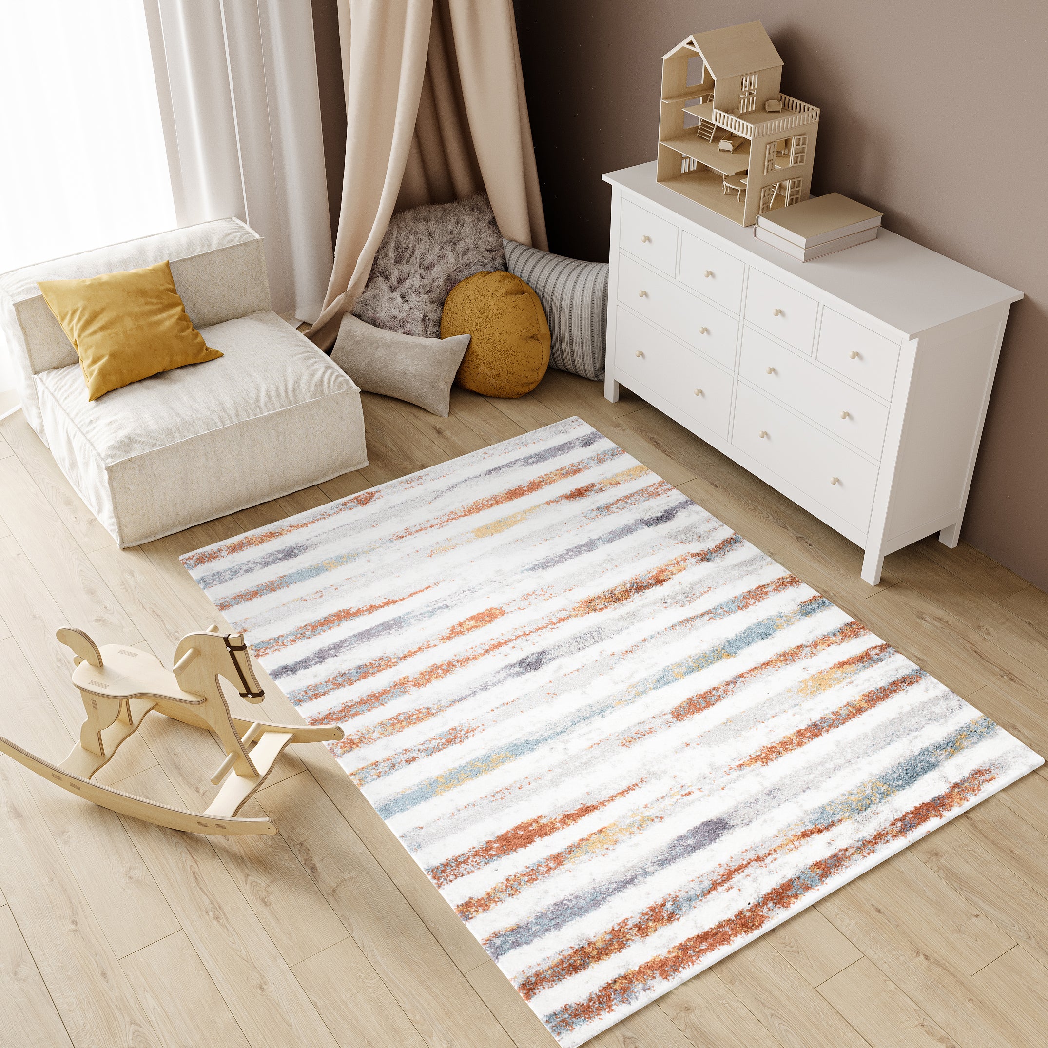 TAPISO Modena Tapis Shaggy Roux Bleu Crème Moelleux Epais Rayures ...