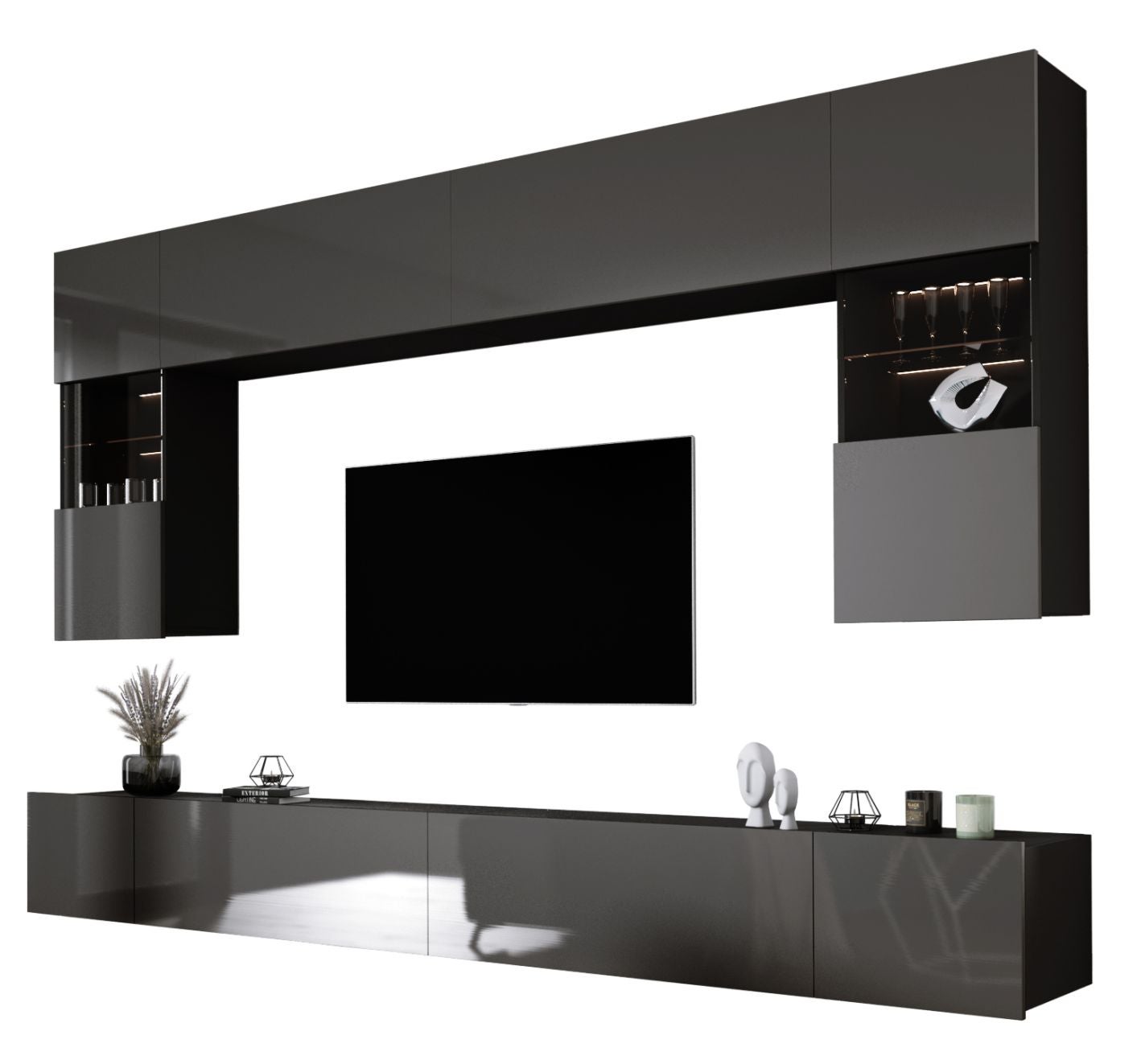 Mueble de pared: 10 puertas, 20 estantes, negro brillante/Gris, ancho ...