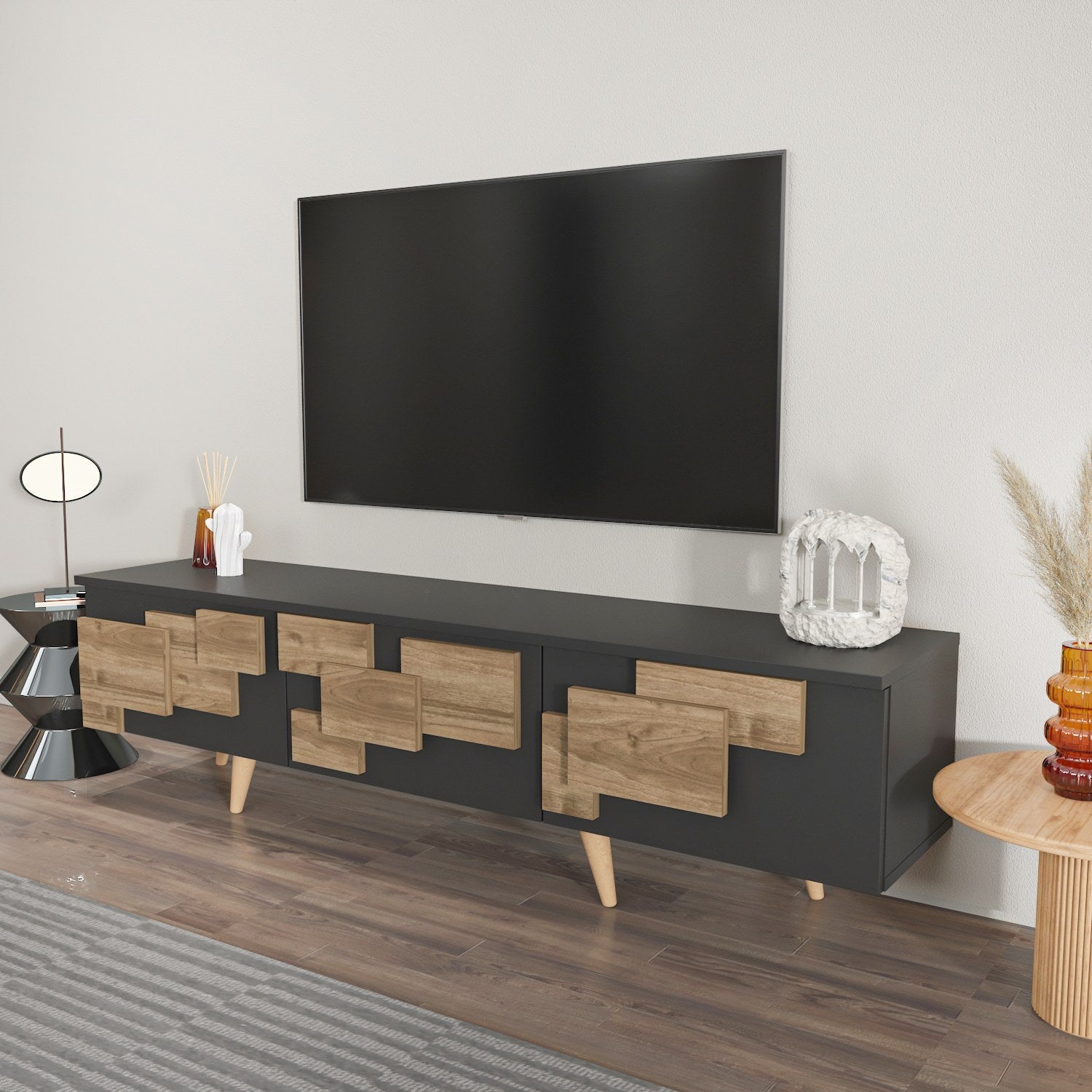 Meuble TV élégant, anthracite et noyer, 160 x 45 x 35 cm | Panneau de ...