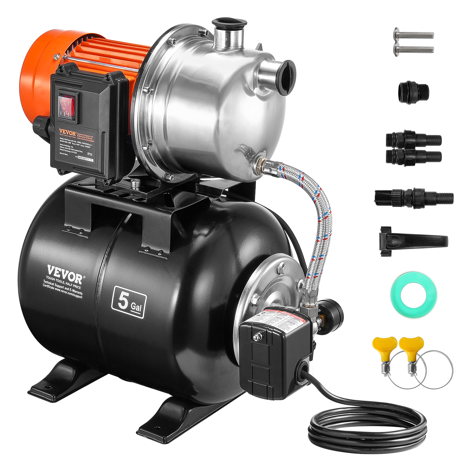 VEVOR Booster, 1176 W, con serbatoio a pressione 19 L, 5600 L/h, altezza 50 m, aspirazione 8 m ...