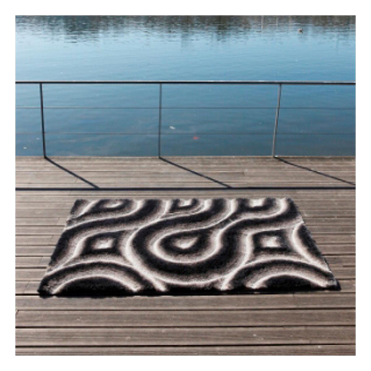 Tapis shaggy 200x300 rectangle fait main noir motif rond CURVES | Leroy ...