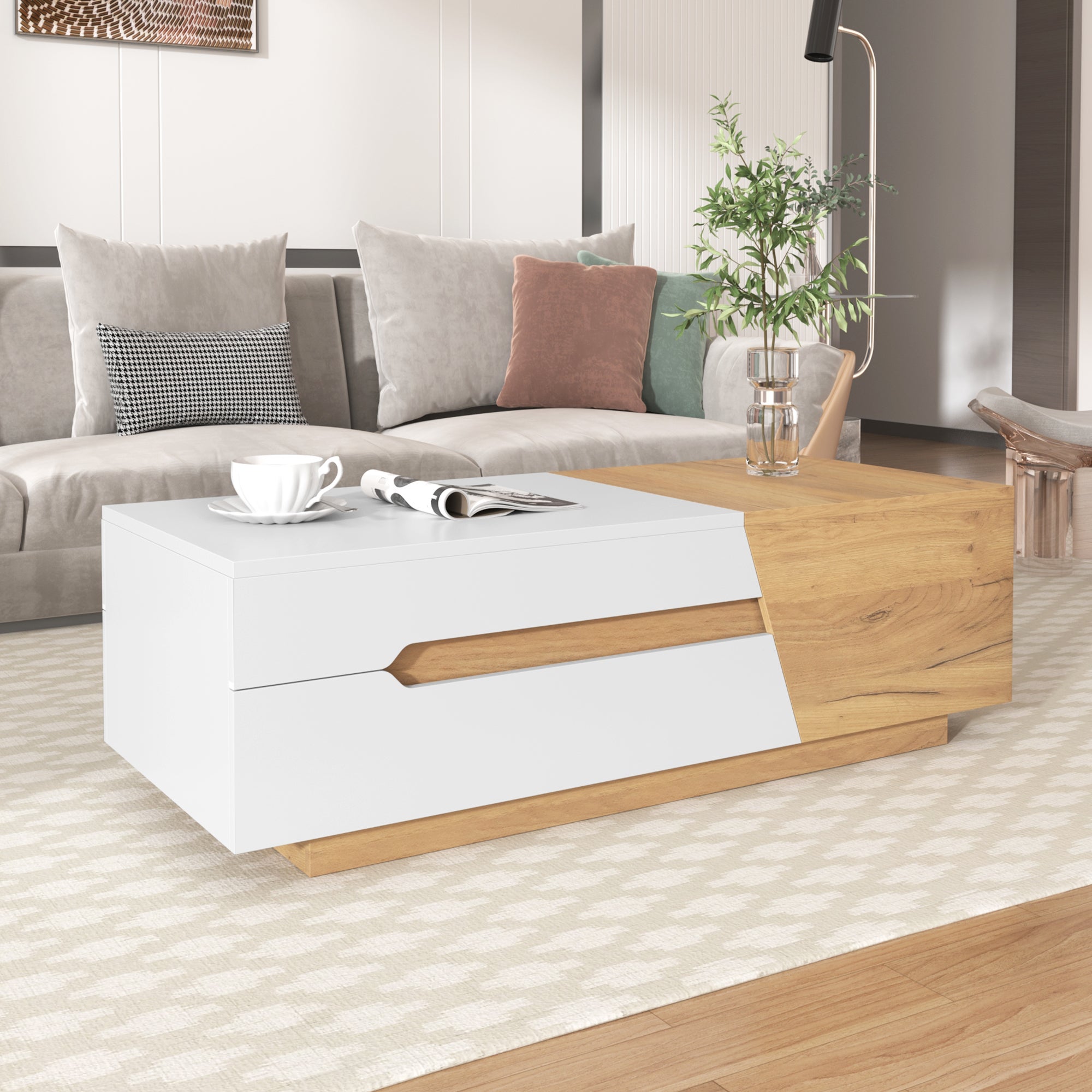 Table basse escamotable - 1 tiroir et multiples compartiments - Naturel ...