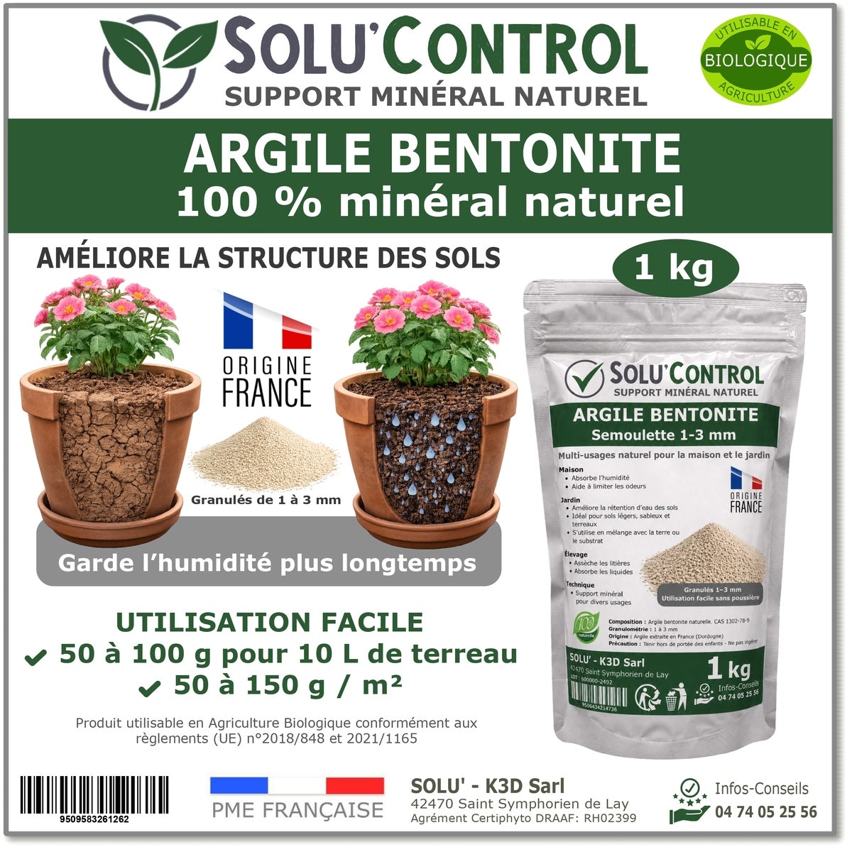 SOLU'CONTROL Argile Bentonite Naturelle 1 kg – Support Minéral Jardin ...