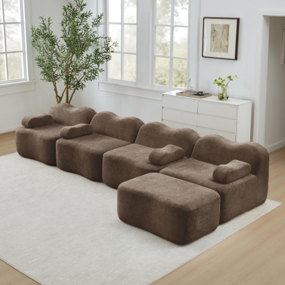 Canapé modulaire 4 places sans accoudoirs, forme ondulée, coussins ...
