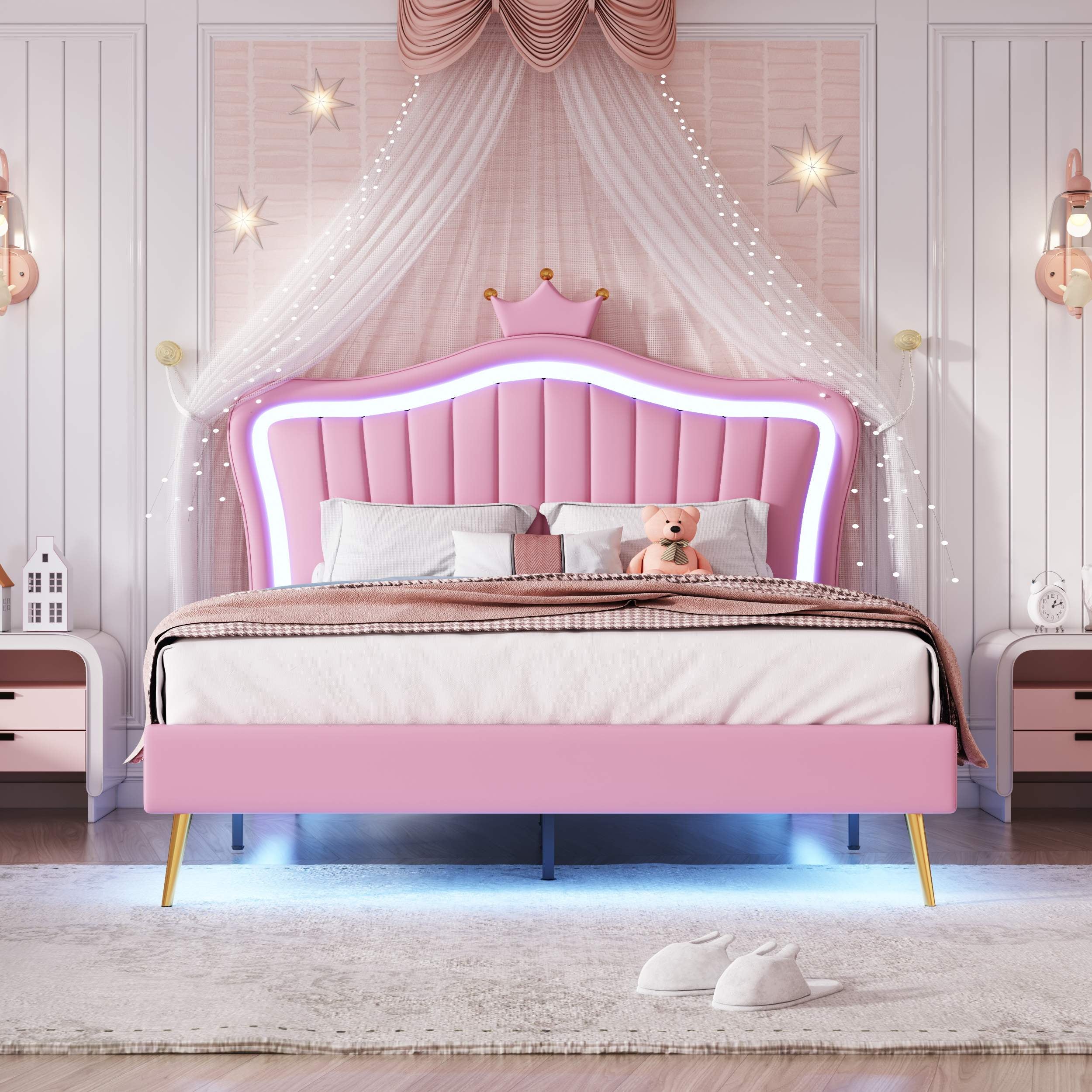 Cama Polster 140 x 200 cm - Estructura de cama para niñas con LED ...