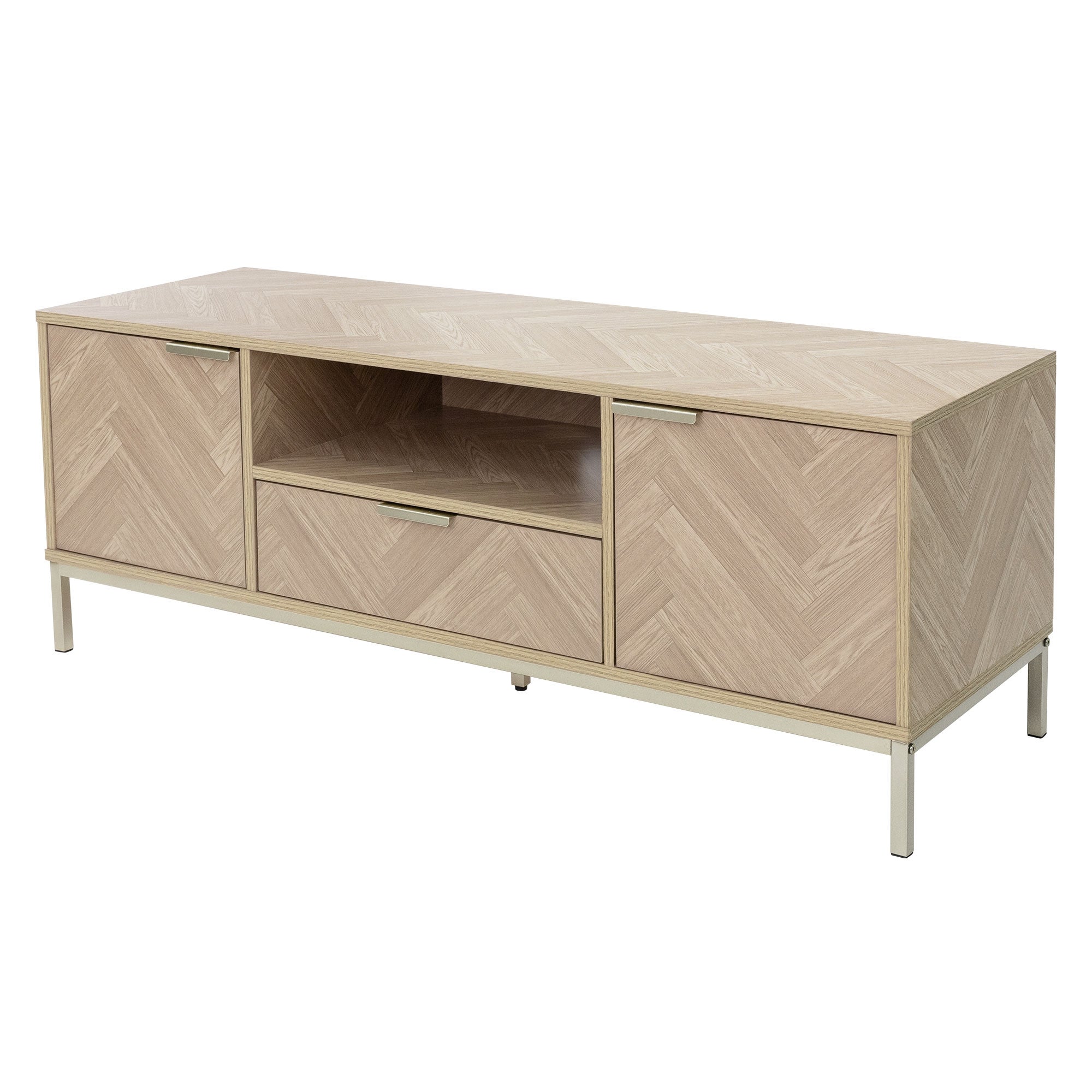 Meuble TV commode bas motif chêne à chevrons marron avec compartiments | Leroy Merlin