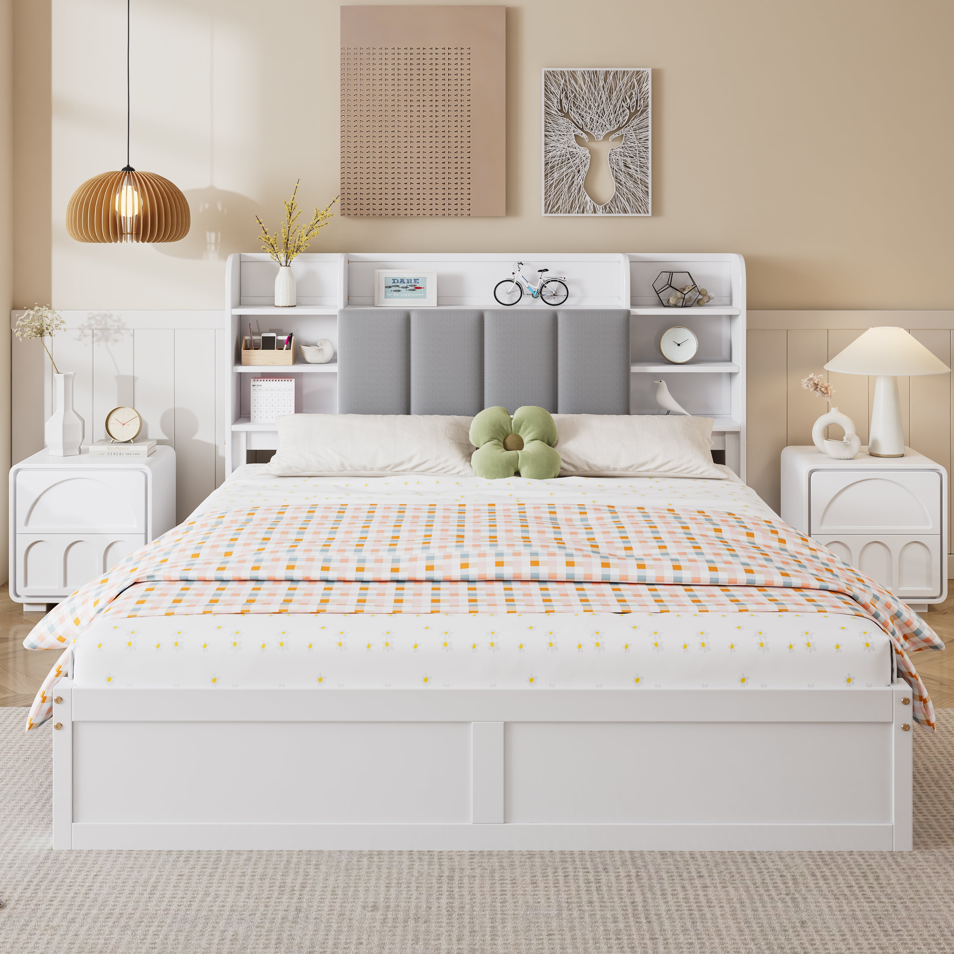 Lit double 160x200cm - en bois de pin et MDF - tête de rangement avec ...