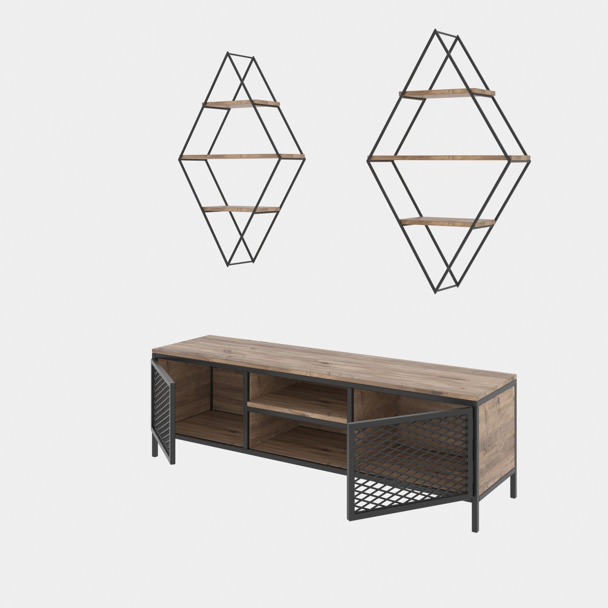 Ensemble meuble TV et 2 étagères murales Style industriel Maro Bois ...