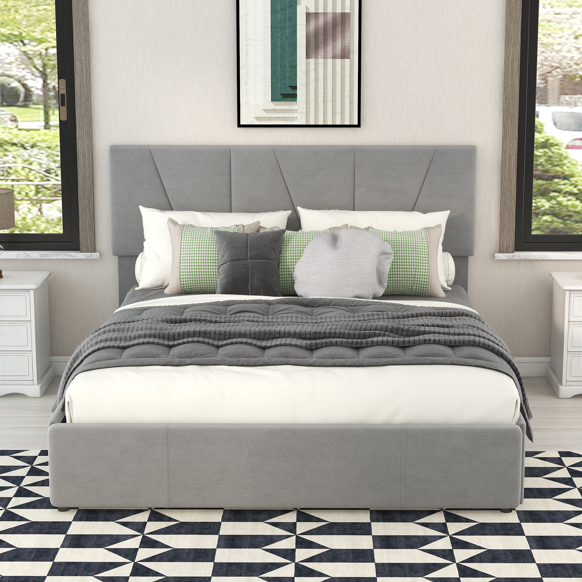 Lit Plateforme Double Rembourré - 140 X 200 cm - Tapisser - 4 Tiroirs ...